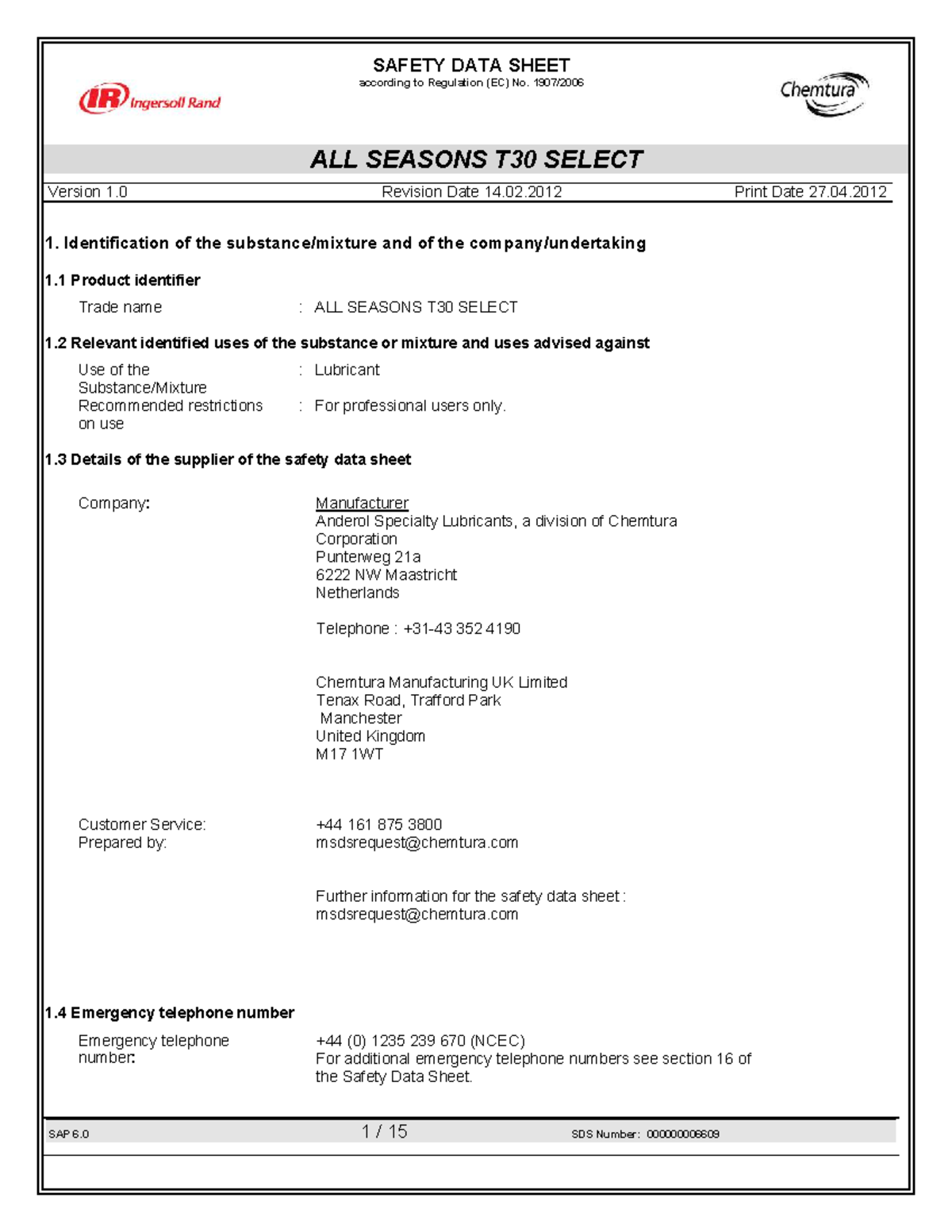 ALL SEASONS T30 SELECT - Safety Data Sheet (SDS) Version 1.0 - Studocu