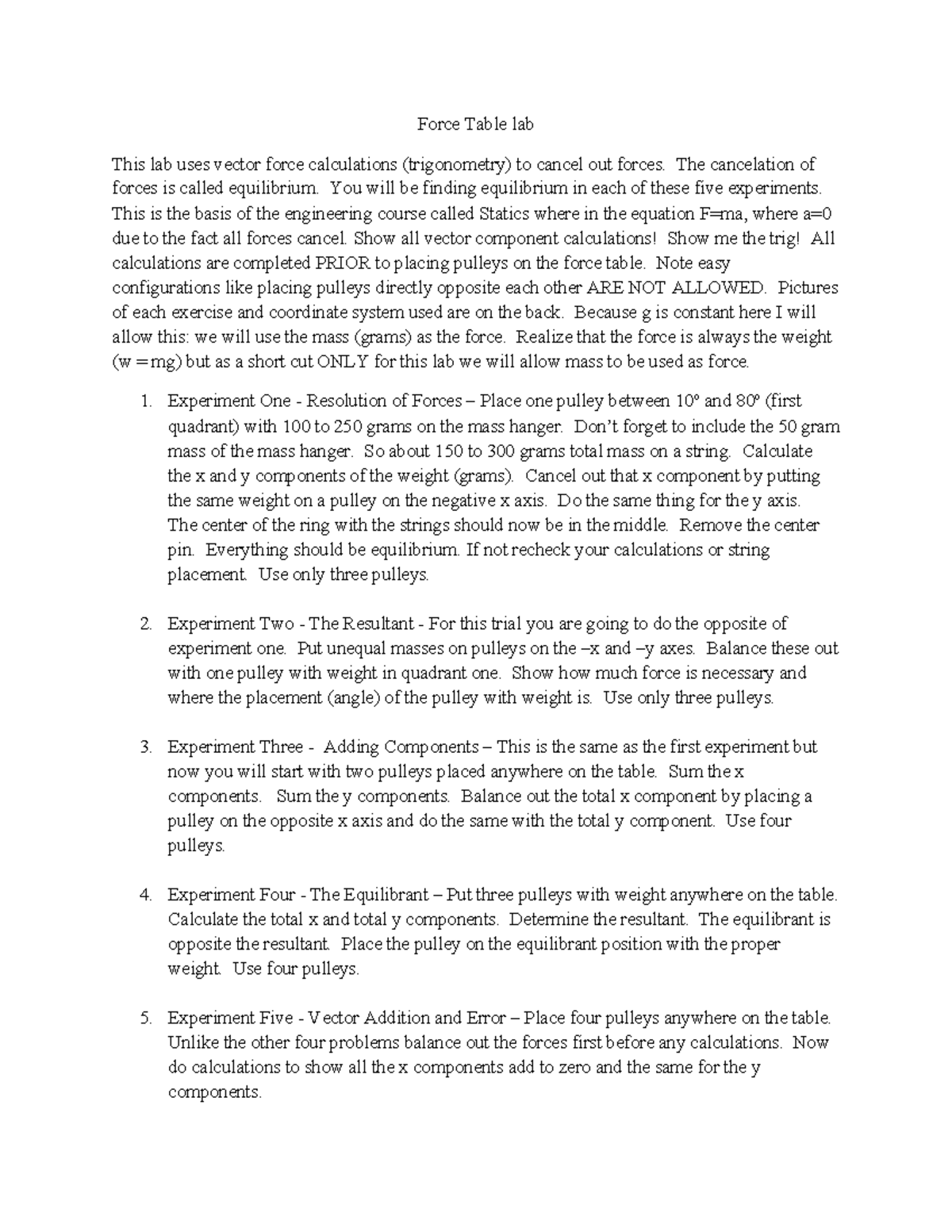 Force Table Lab: Exploring Equilibrium in Statics (ENGR 101) - Studocu
