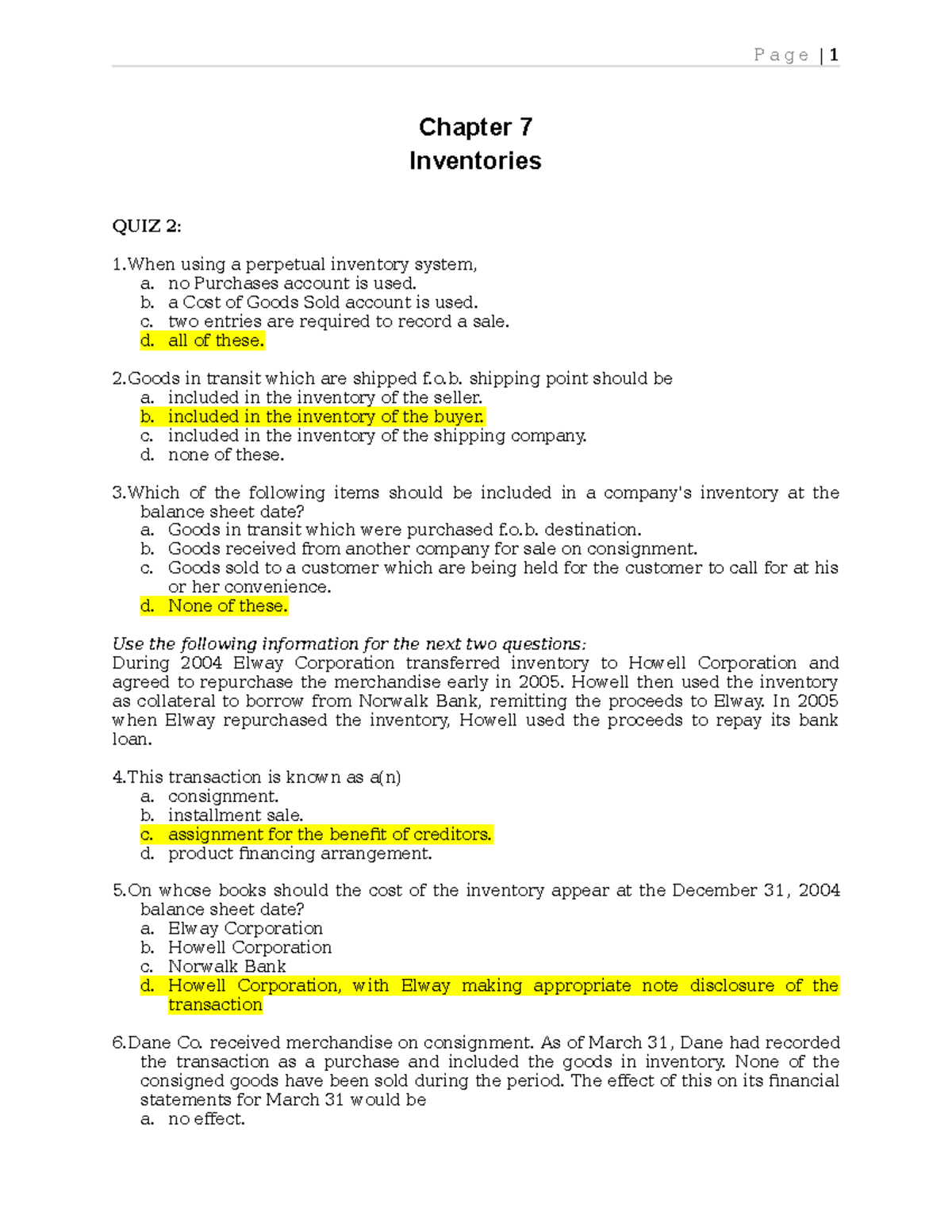 Intermediate Accounting 5: Chapter 7 Inventory Concepts Quiz - Studocu