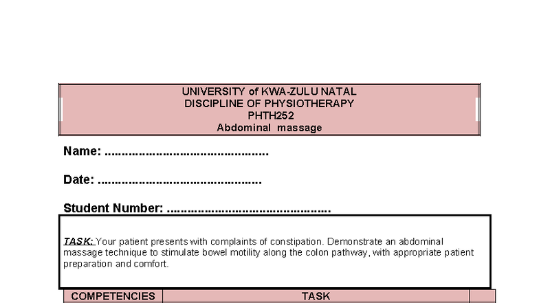 PHTH252 Practical: Abdominal Massage Technique for Constipation - Studocu