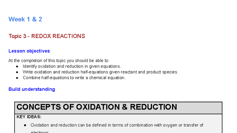 Week 1&2 - REDOX REACTIONS Lesson Notes and Objectives - Studocu