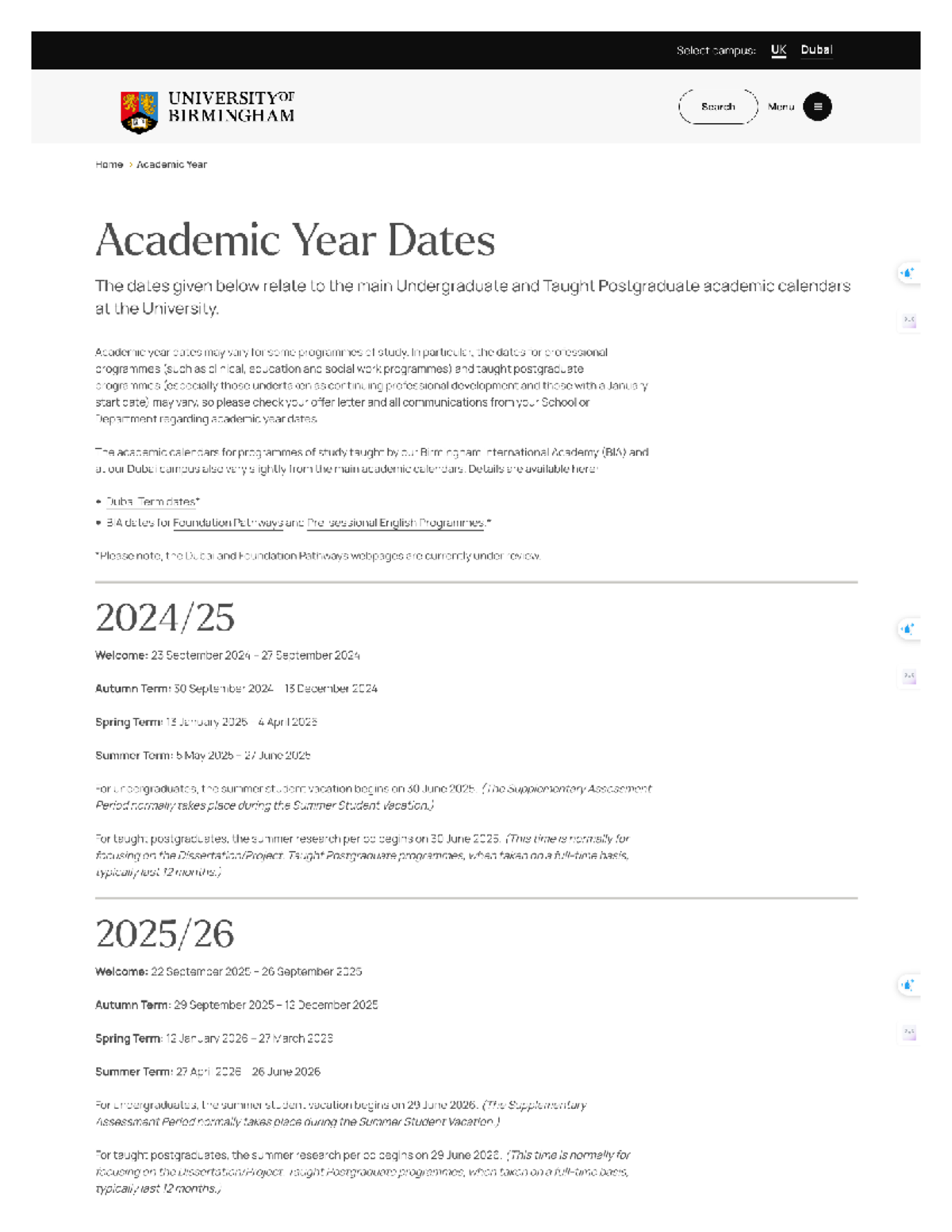Academic Year Dates for UK Dubai University - MNI - Studocu