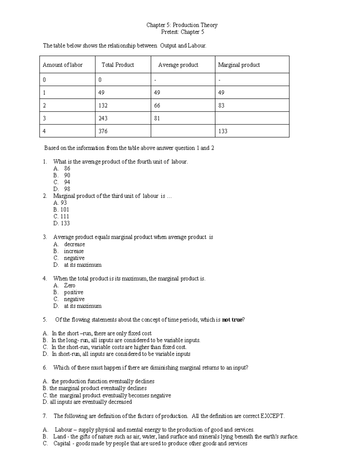Chapter 5: Production Theory Pretest (Pretest 1 - dedae) - Studocu