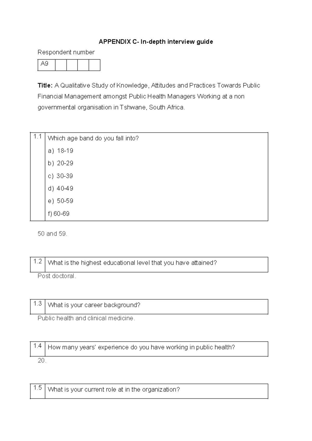A9 - Assignment - APPENDIX C- In-depth interview guide Respondent number A Title: A Qualitative ...