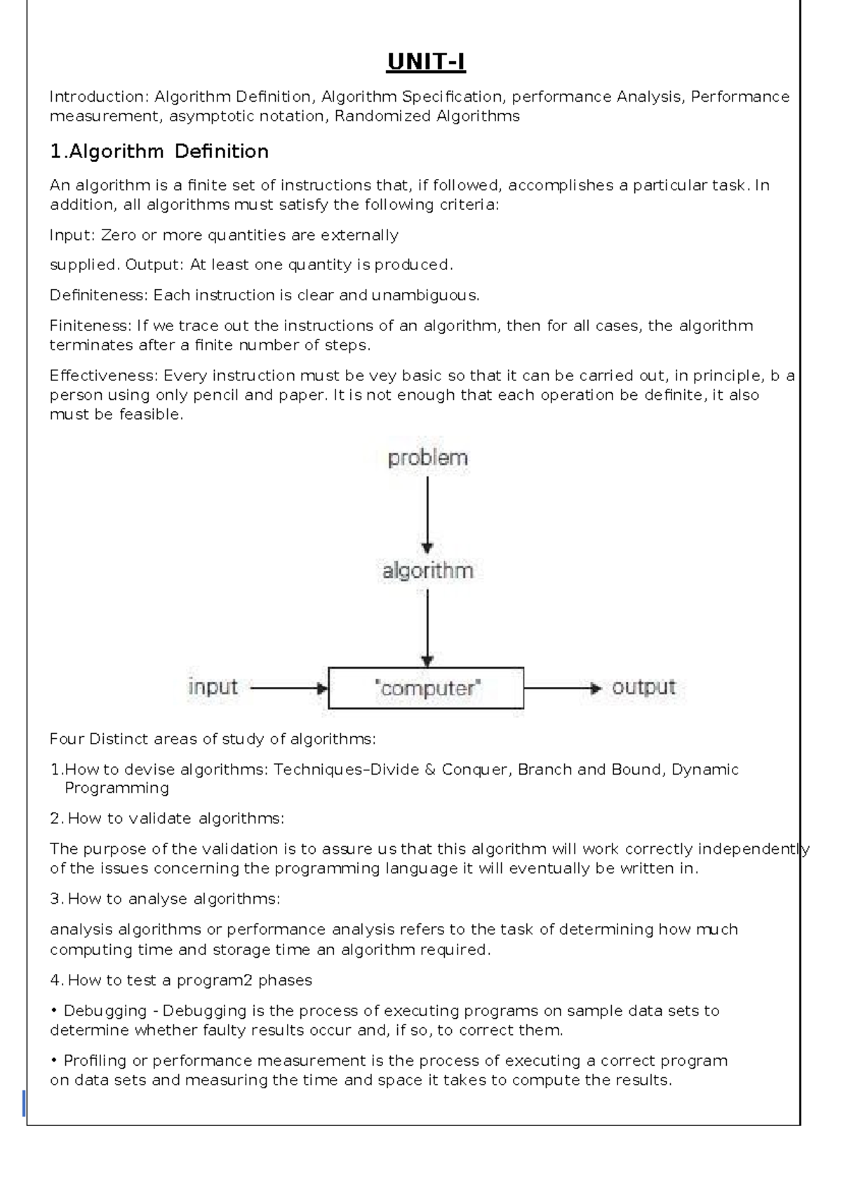 DAA UNIT-I: Introduction to Algorithms, Performance Analysis & Notations - Studocu