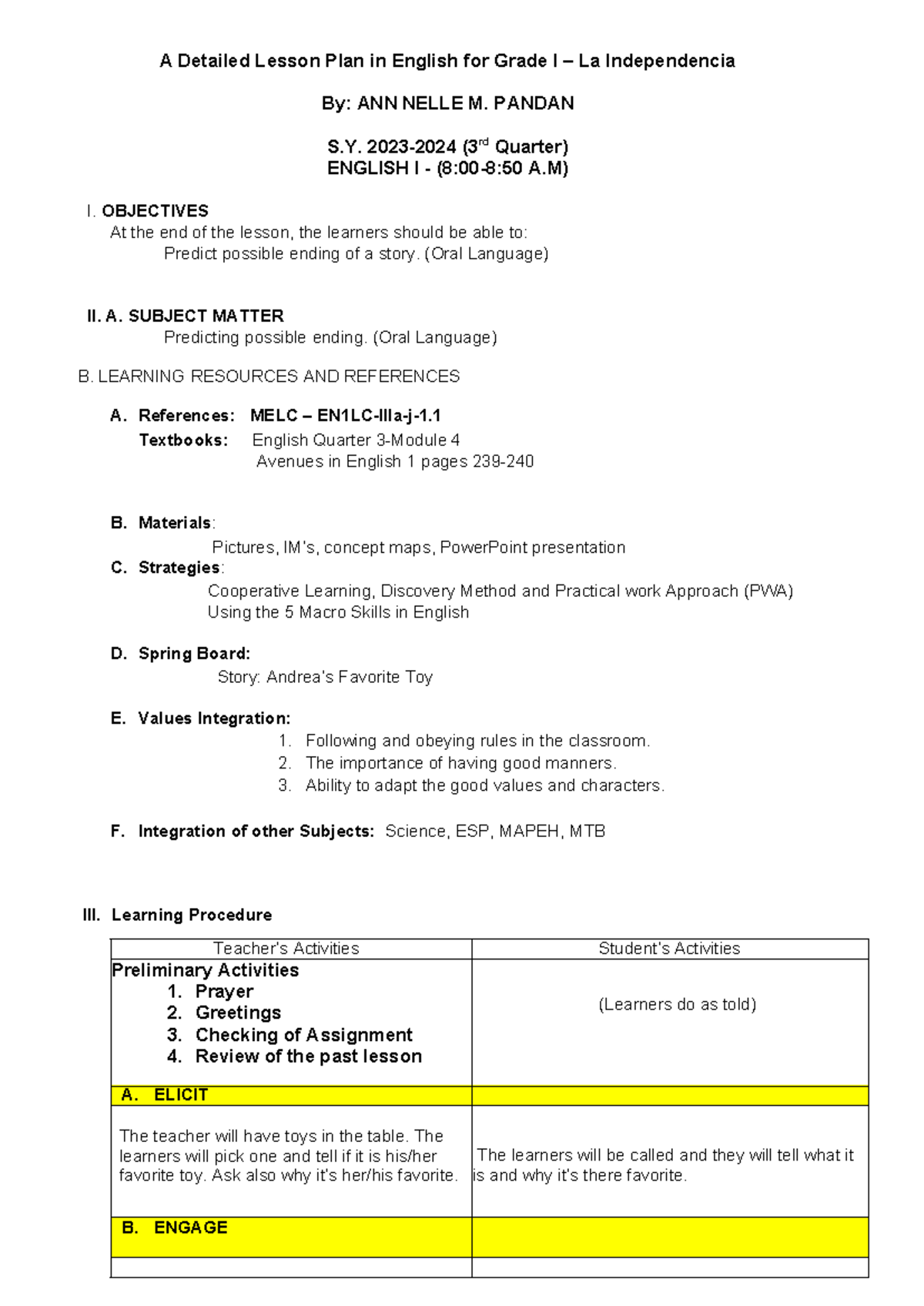 Grade I English Lesson Plan: Predicting Possible Story Endings COT3 ...
