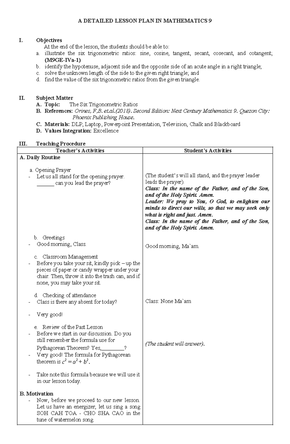 Grade 9 Mathematics Lesson Plan: Six Trigonometric Ratios (DLP) - Studocu