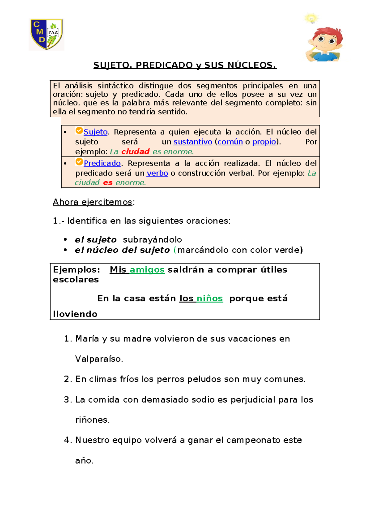 Guía de Lenguaje N° 1: Sujeto y Predicado en Oraciones - Studocu