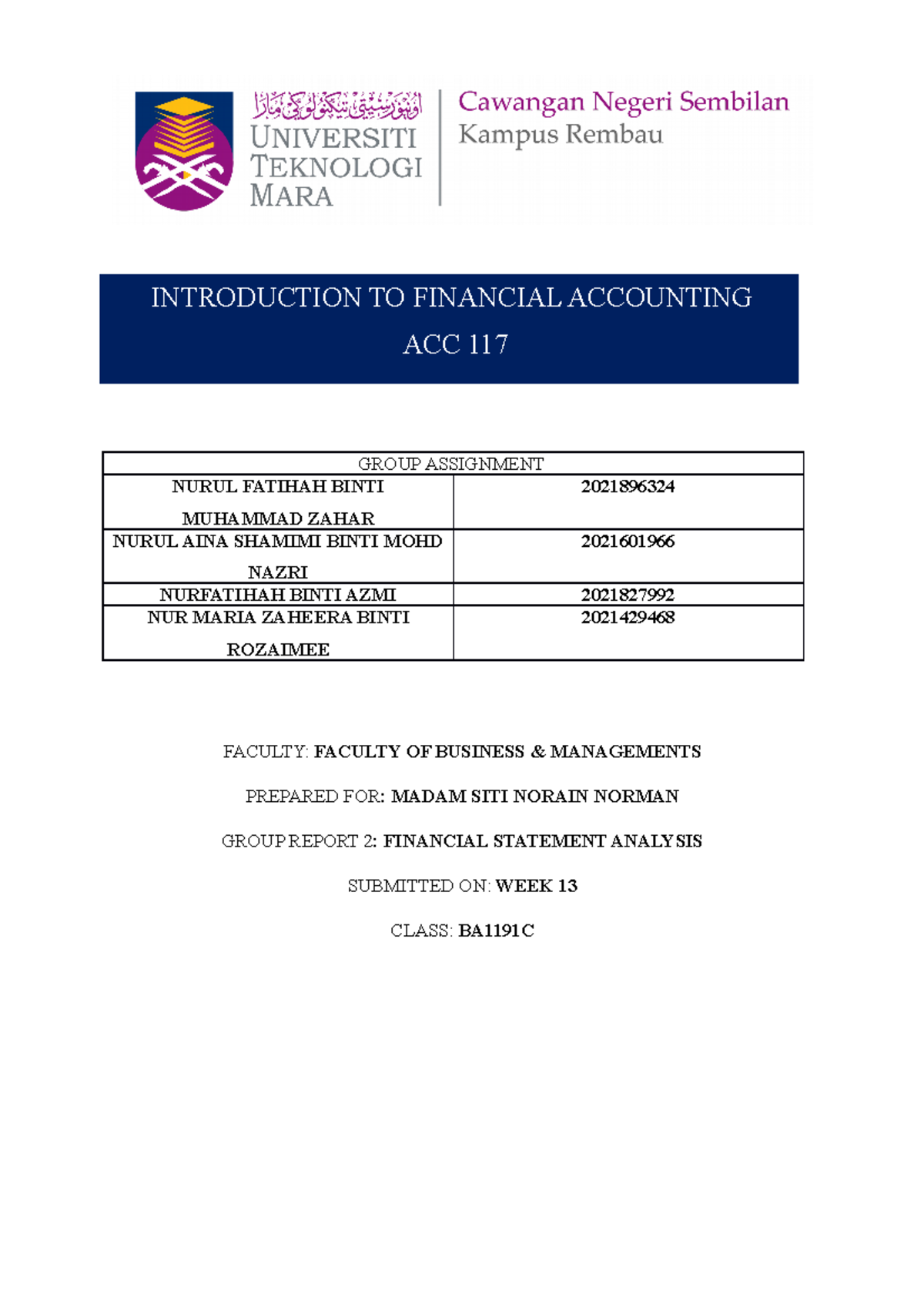 Financial Statement Analysis Report (Group Project 2 - ACC117) - Studocu