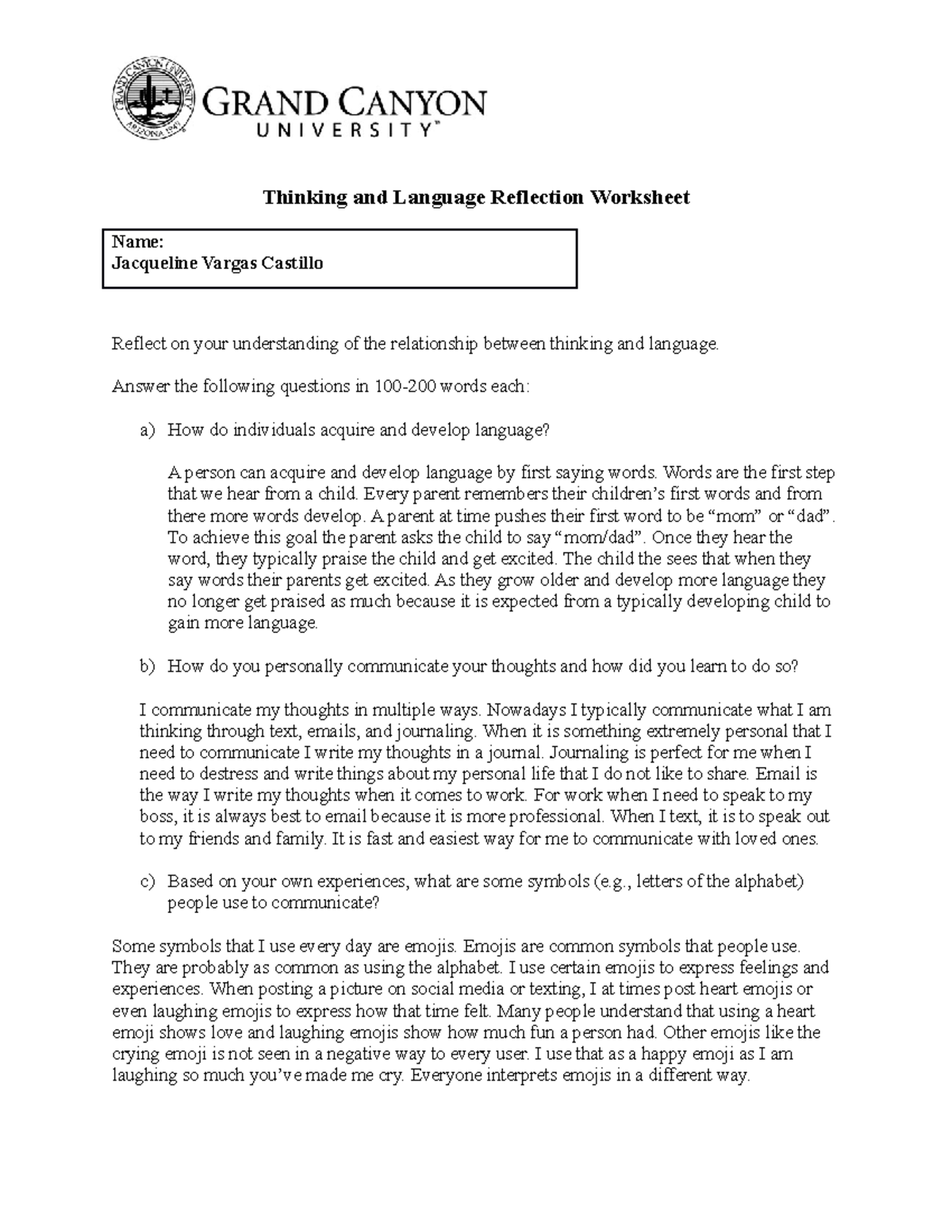 Thinkingand Language Reflection Worksheet 1-6-14 - Thinking and ...
