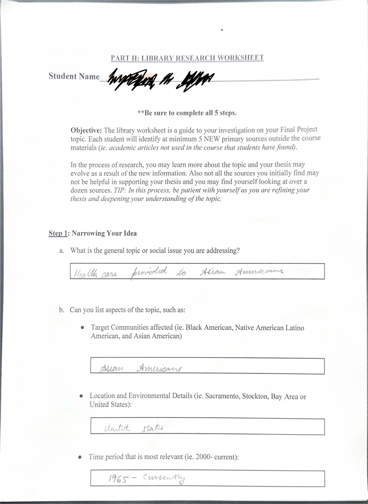 PART II: Library Research Worksheet for Final Project on Asian American ...