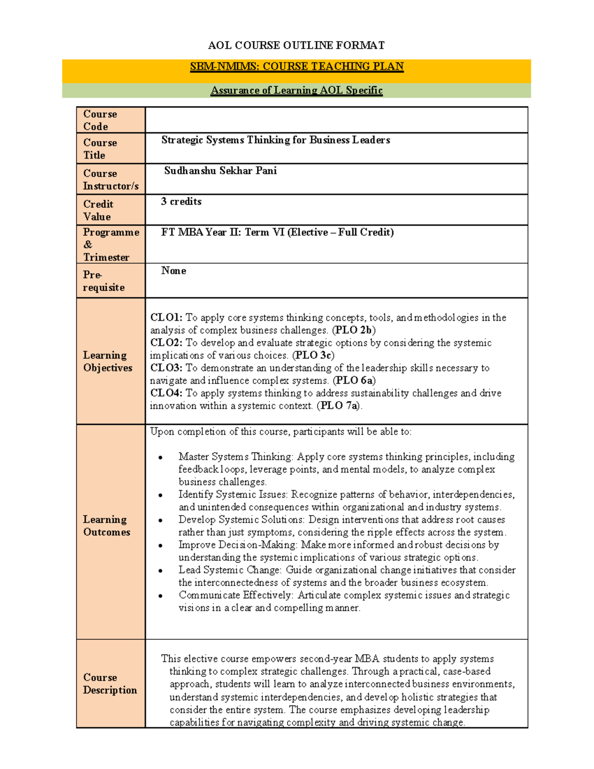 CO Strategic Systems Thinking for Business Leaders: Course Outline and ...