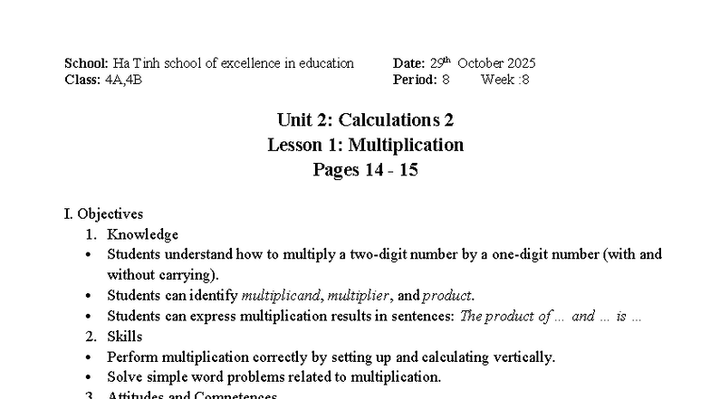 Math Lesson Plan G4 U2 L1: Multiplication Concepts for Grade 4 - Studocu
