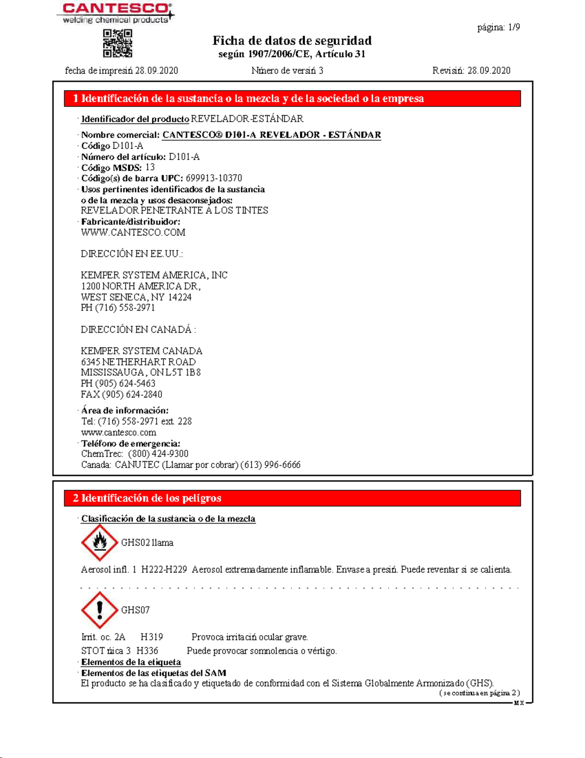 Ficha de Datos de Seguridad MSDS: Cantesco D101-A Revelador Estándar ...
