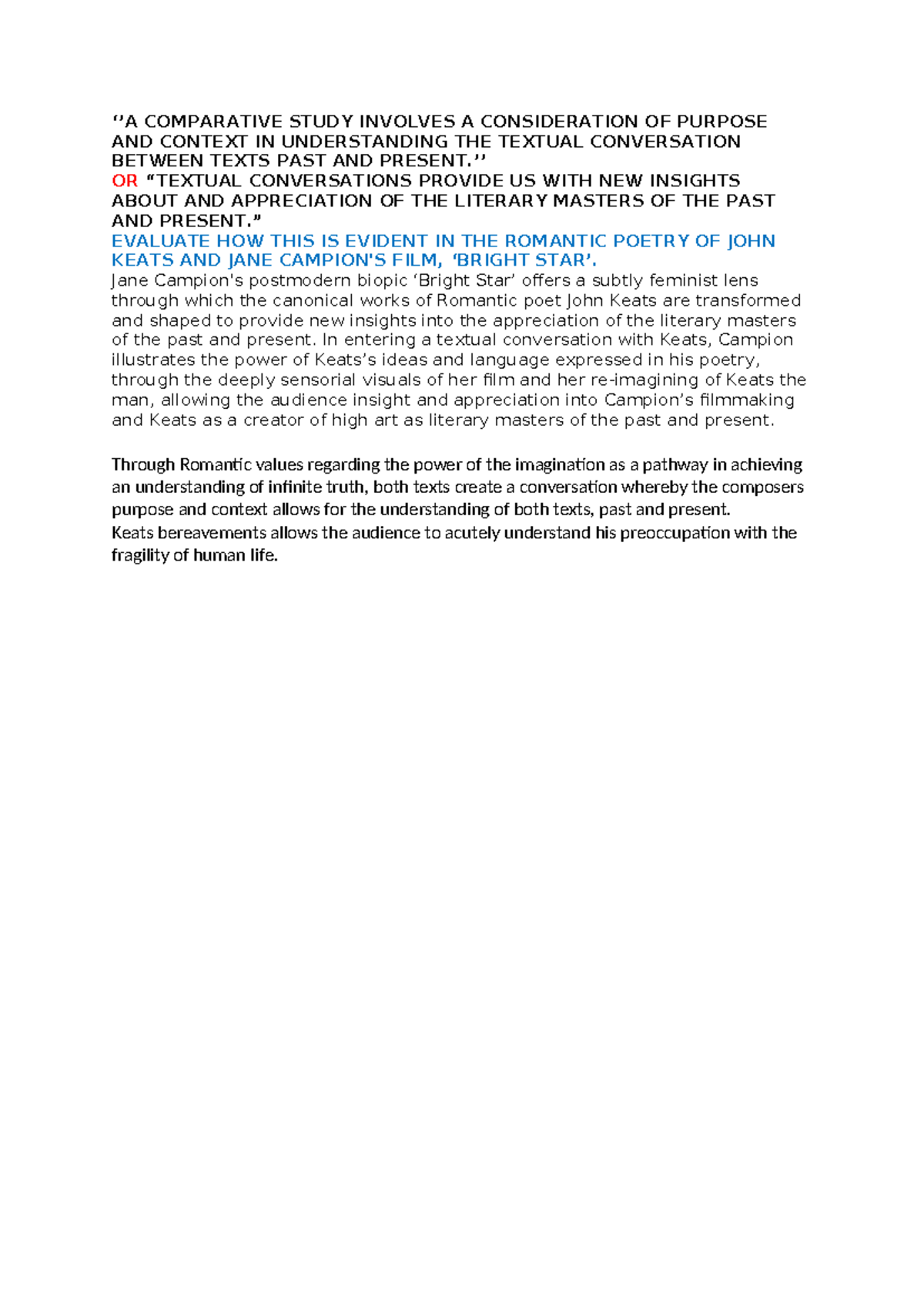 Bright STAR Essay 1: Exploring Textual Conversations in Keats & Campion ...