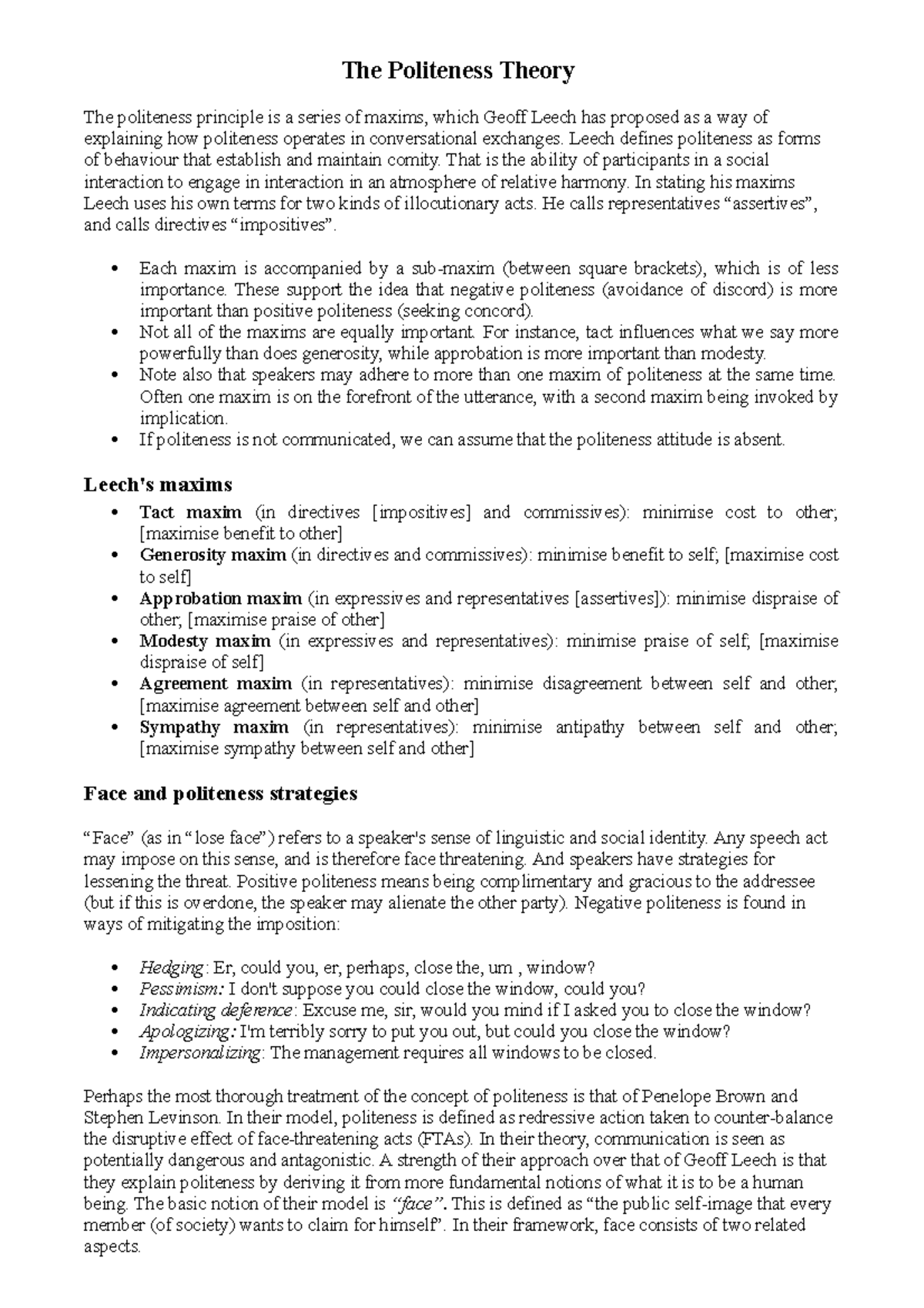 Politeness Theory: Analyzing Leech's Maxims and Strategies - Studocu