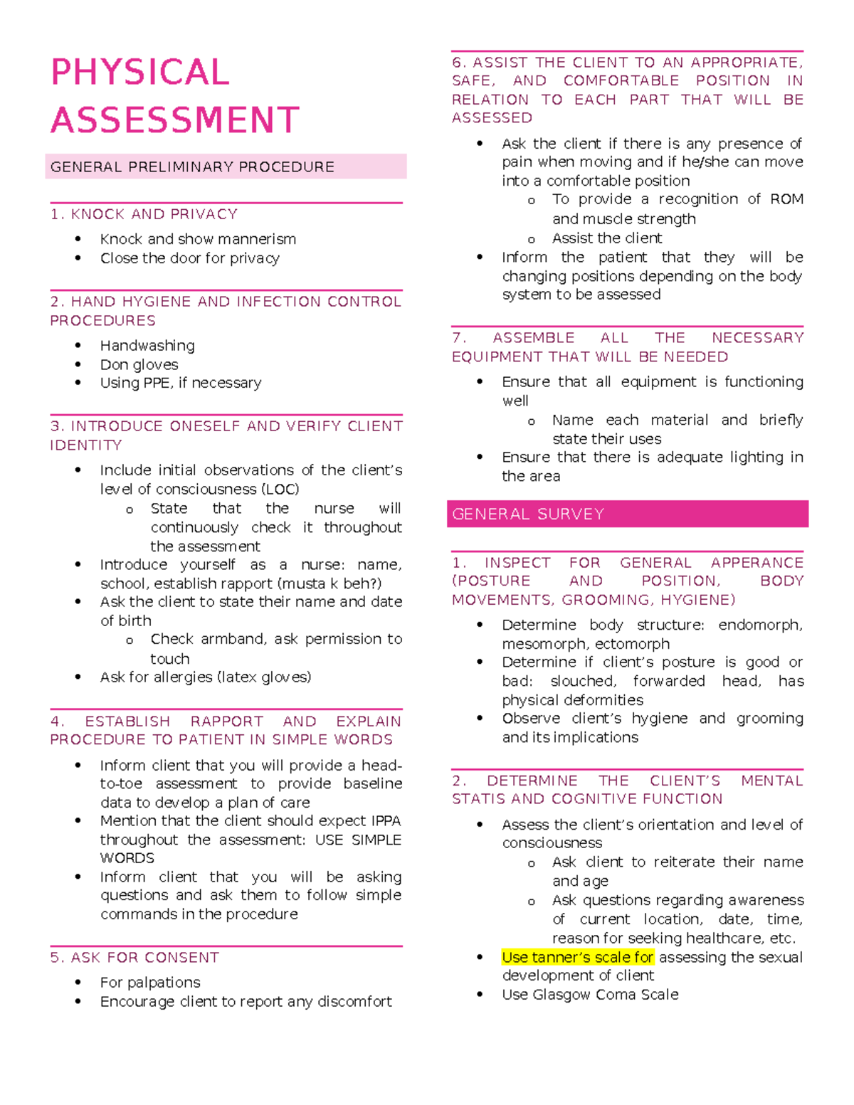 Physical Assessment Guidelines - Based on PA Checklist - Studocu