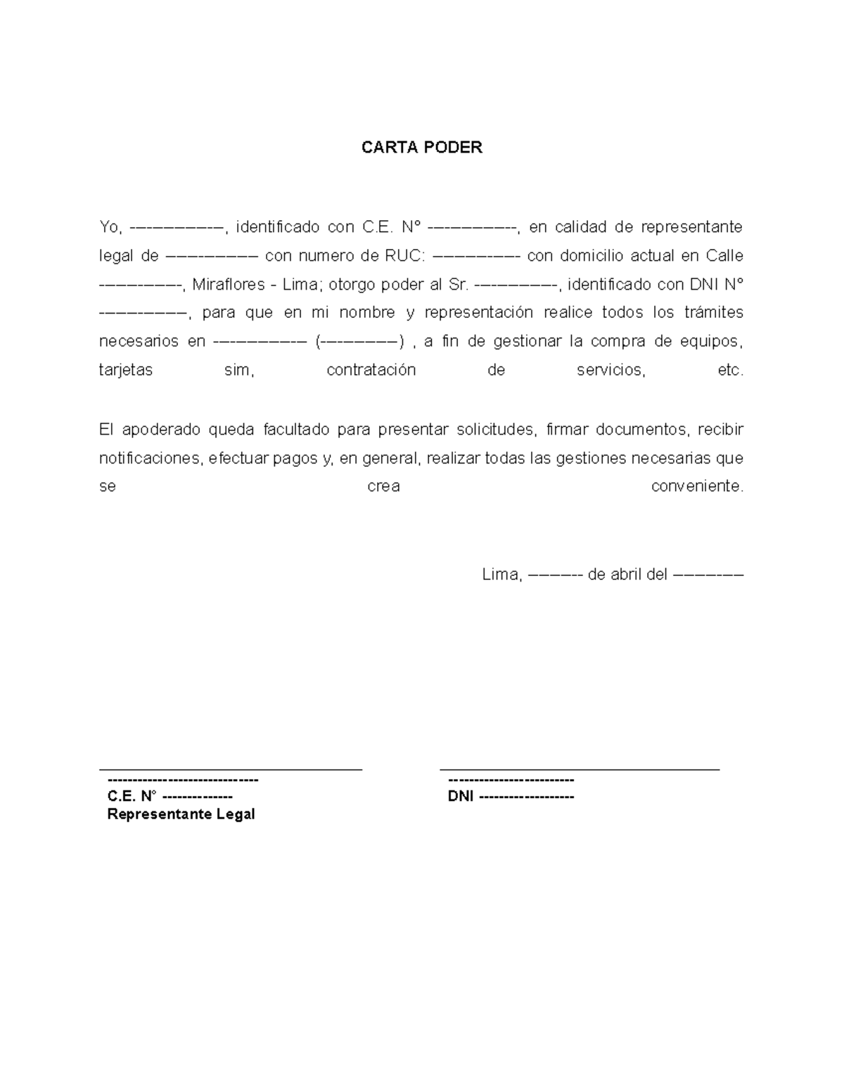 Carta poder simple - CARTA PODER Yo, -, identificado con C. N° -, en ...