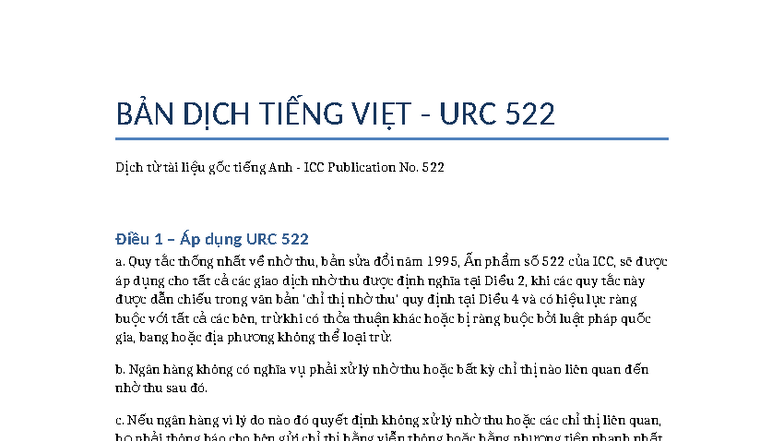 BẢN DỊCH TIẾNG VIỆT URC 522 - Quy Tắc Nhờ Thu ICC 522 - Studocu