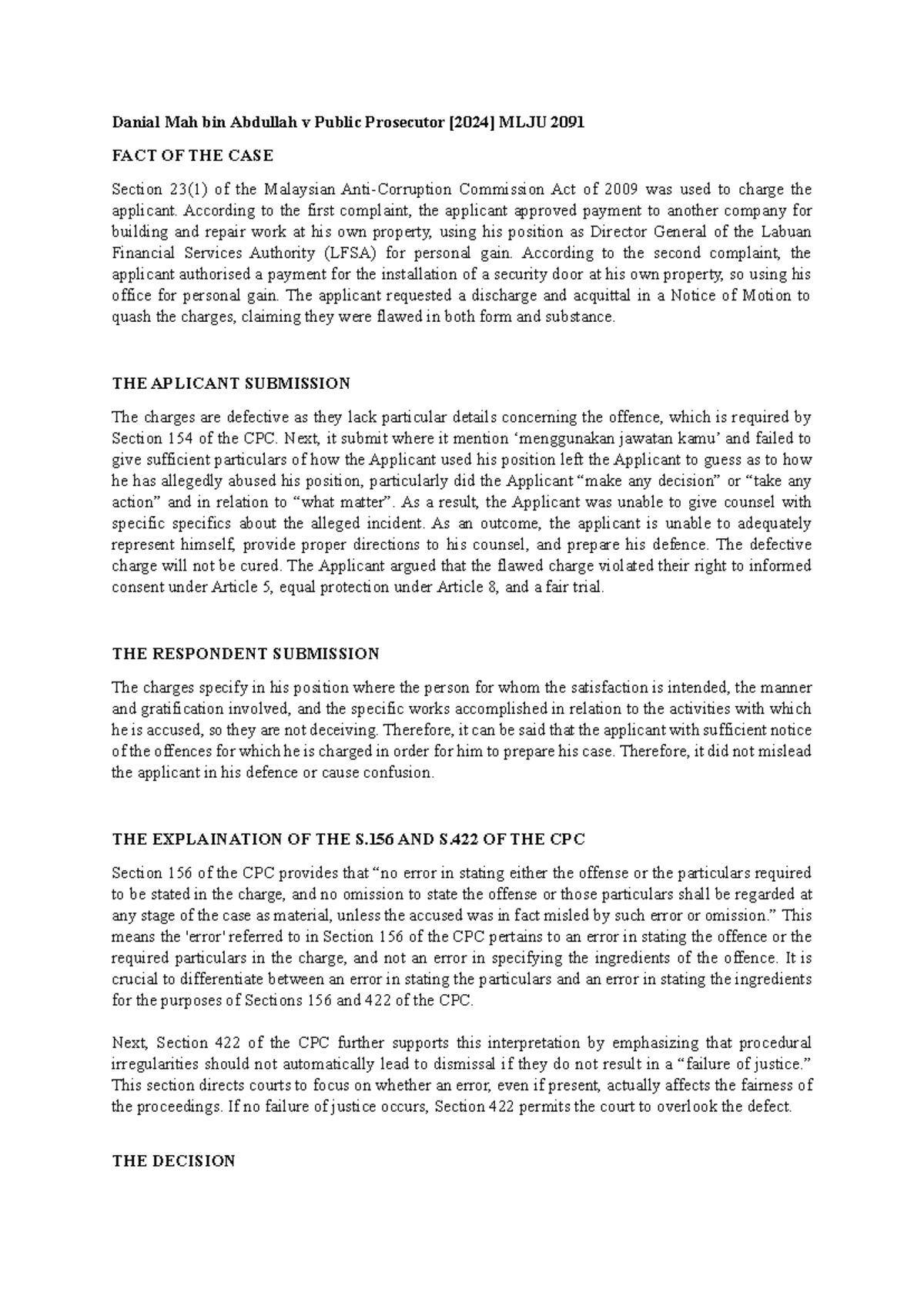 Danial Mah bin Abdullah v Public Prosecutor MLJU 2091 Case Summary ...