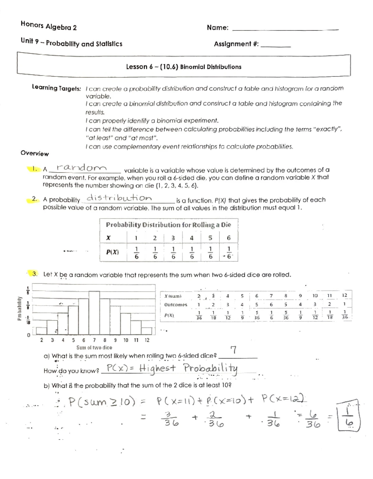 Unit 9 Lesson 5 Notes Key - Honors Algebra 2 Name: Unit 9 Probability ...