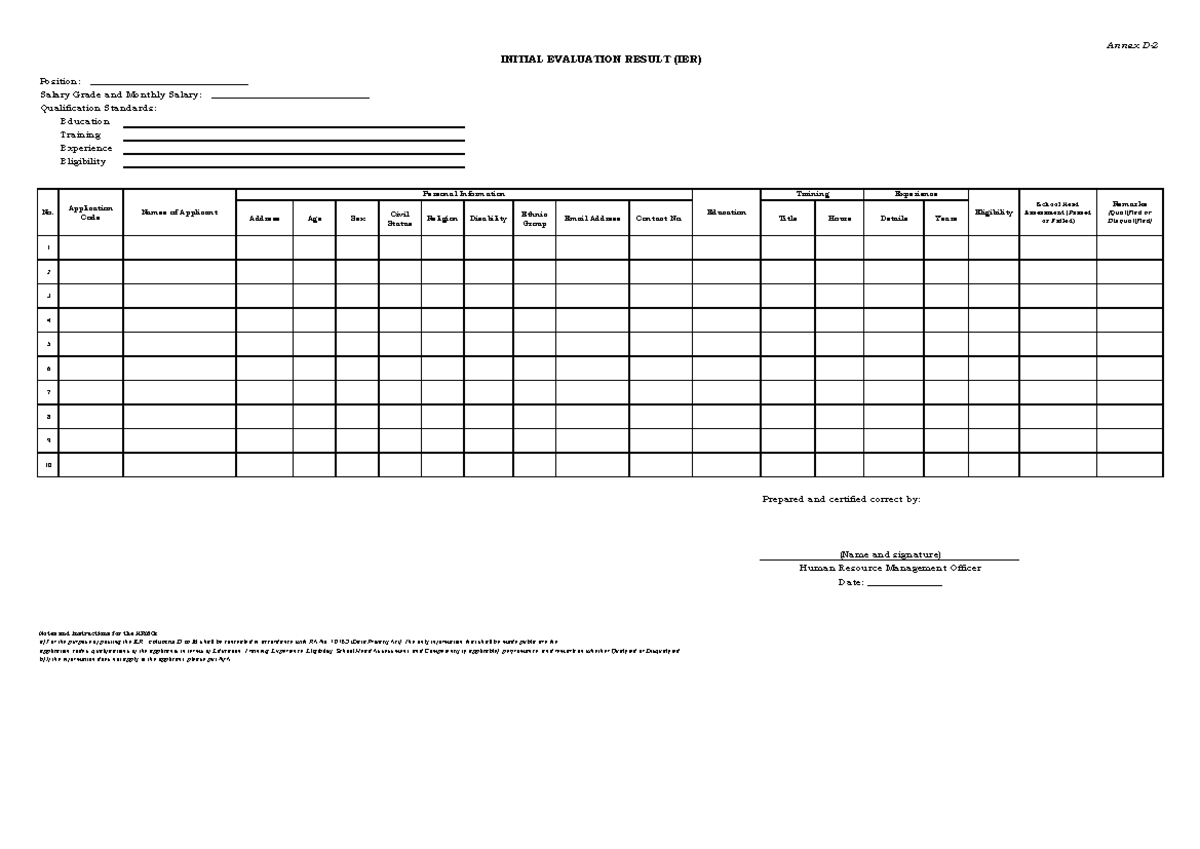 Annex D-1-2 Initial Evaluation Results (IER) - School Principal - Studocu