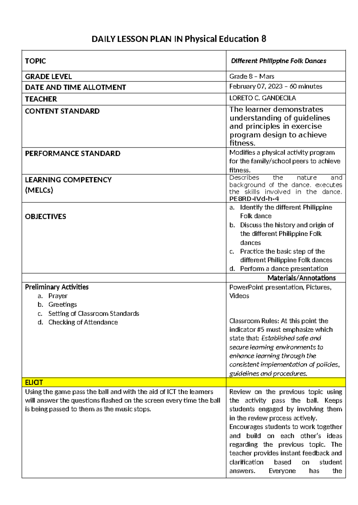 DLP MAPEH 8 - Lesson Plan for Philippine Folk Dances (4th Quarter ...