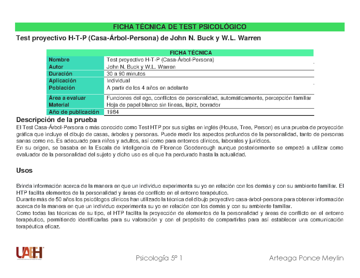 Ficha técnica. HTP - Psicología 5° 1 Arteaga Ponce Meylin FICHA TÉCNICA ...
