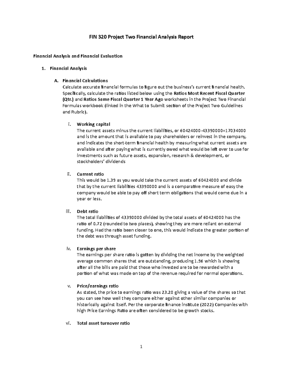 FIN 320 Project Two: Comprehensive Financial Analysis Report - Studocu