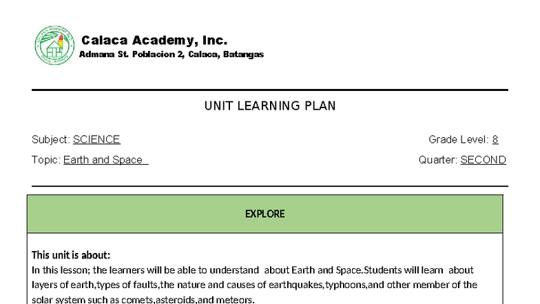 Science 8 Learning Plan: Earth and Space - 2nd Quarter - Studocu