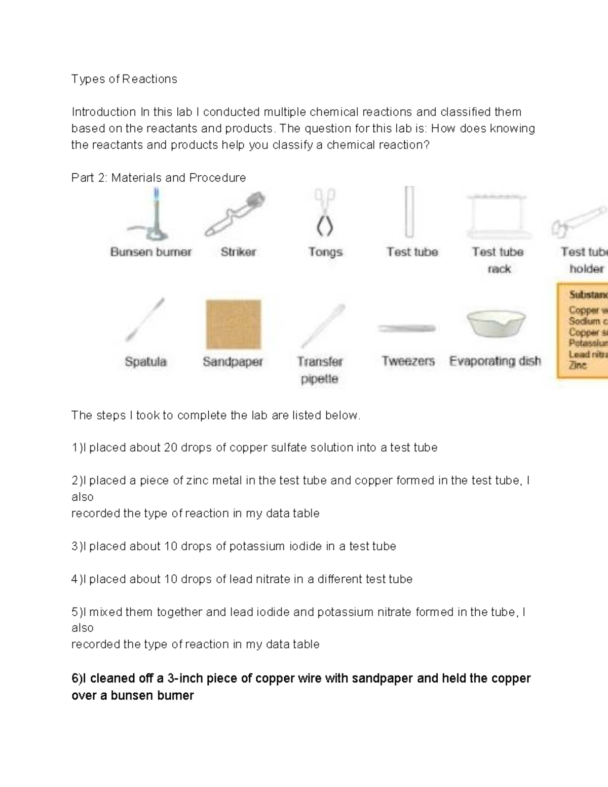 Types of Reactions Lab Report: Classification of Chemical Reactions ...