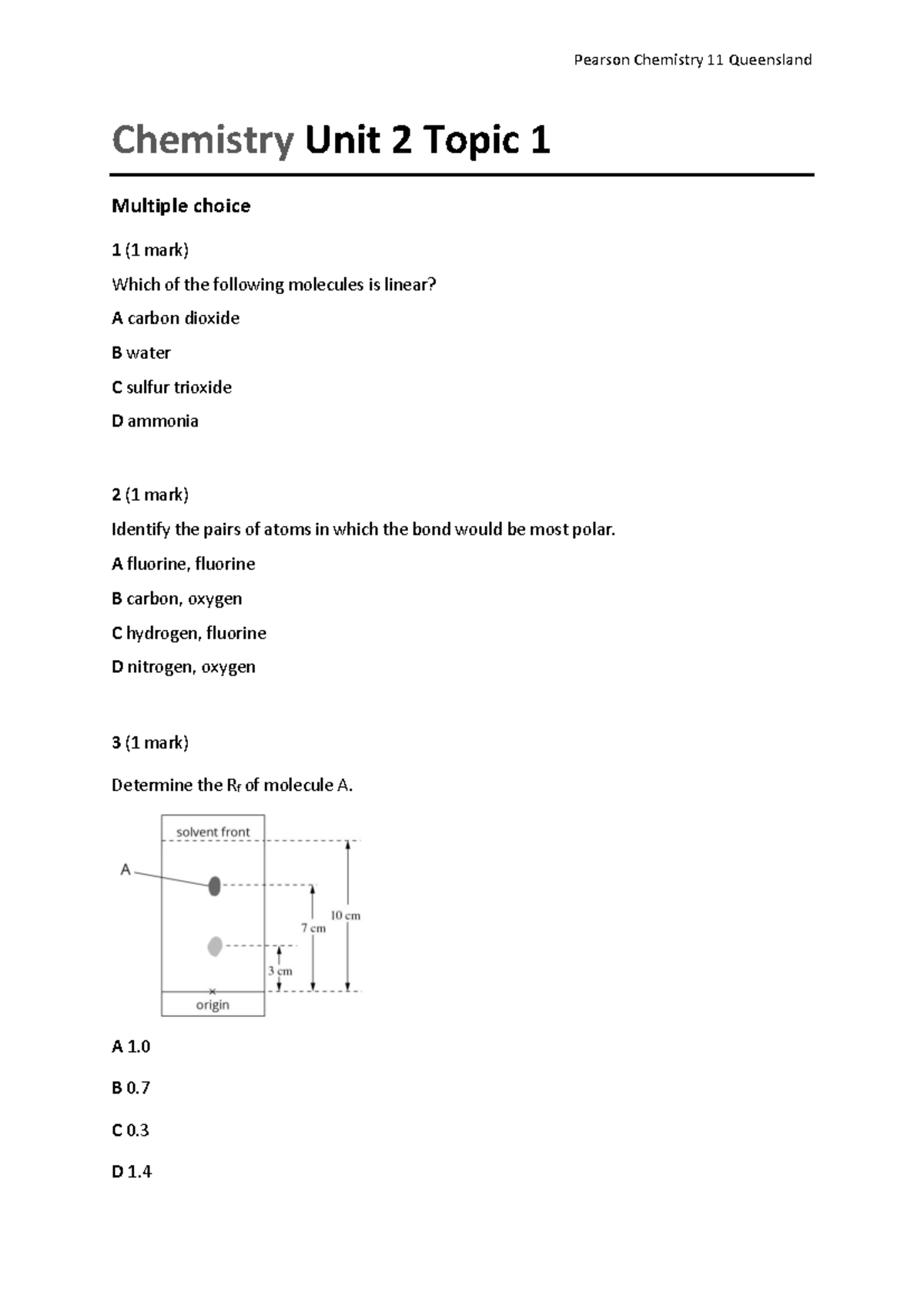 Pearson Chemistry 11 QLD Unit 2 Practice Test Questions - Studocu