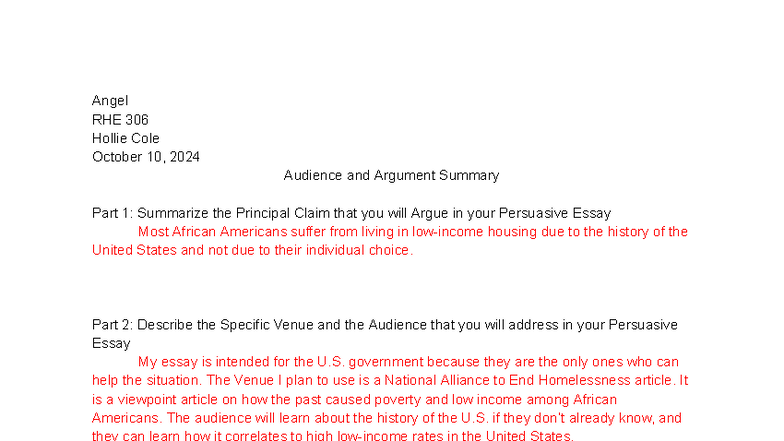 RHE 306 Audience & Argument Summary: Persuasive Essay Insights - Studocu
