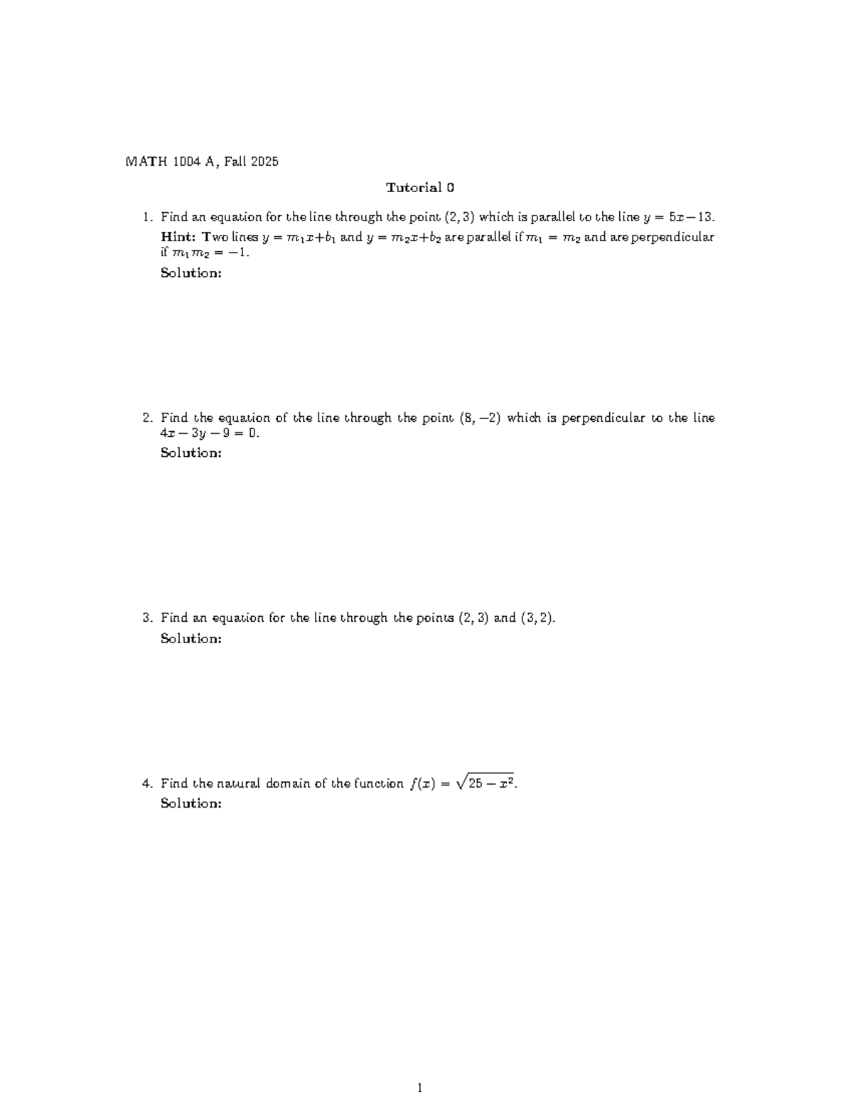 MATH 1004 A, Fall 2025 Tutorial 0: Line Equations and Domains - Studocu