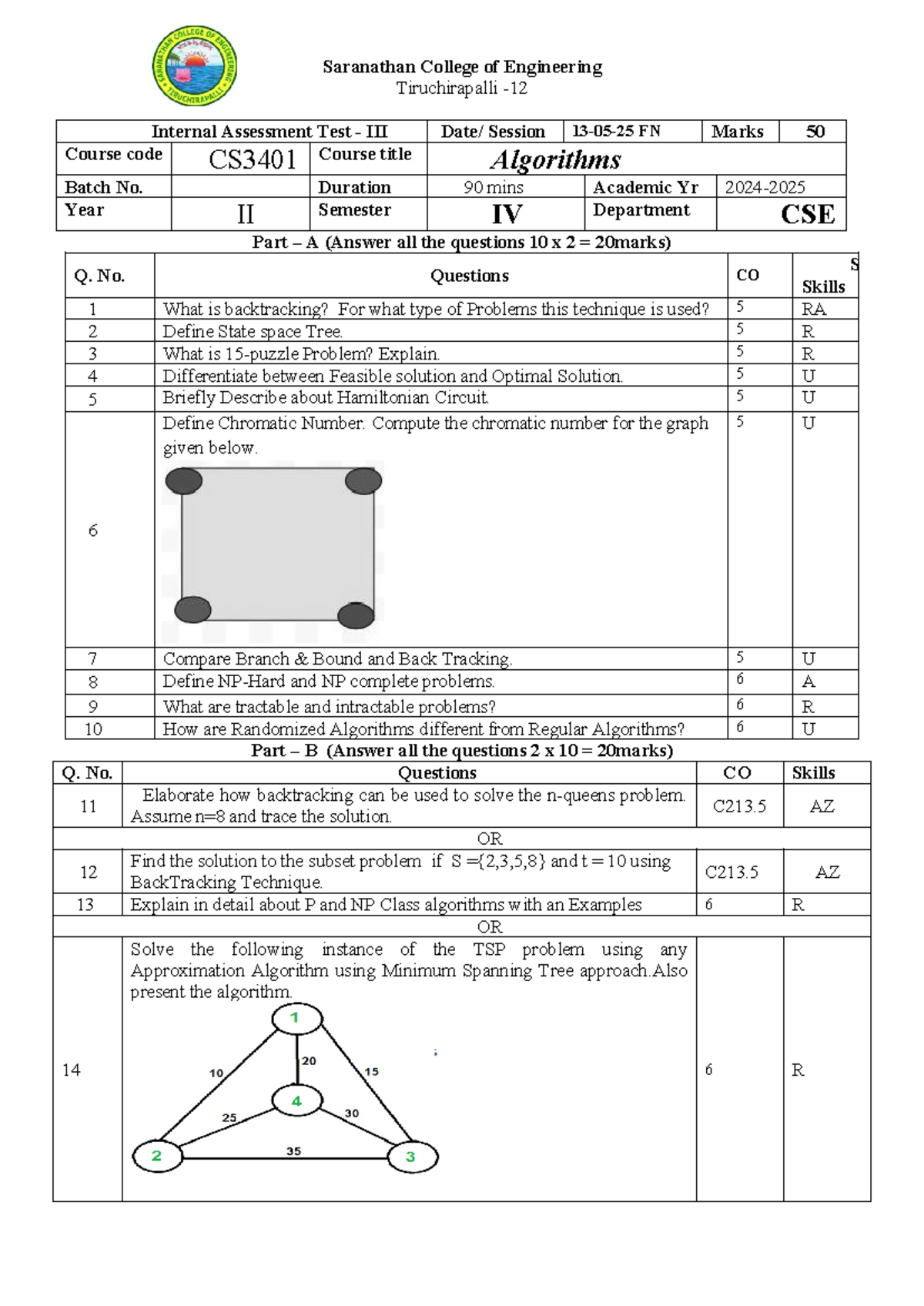 CS3401 Internal Assessment Test: Algorithms - Year II, Semester IV ...