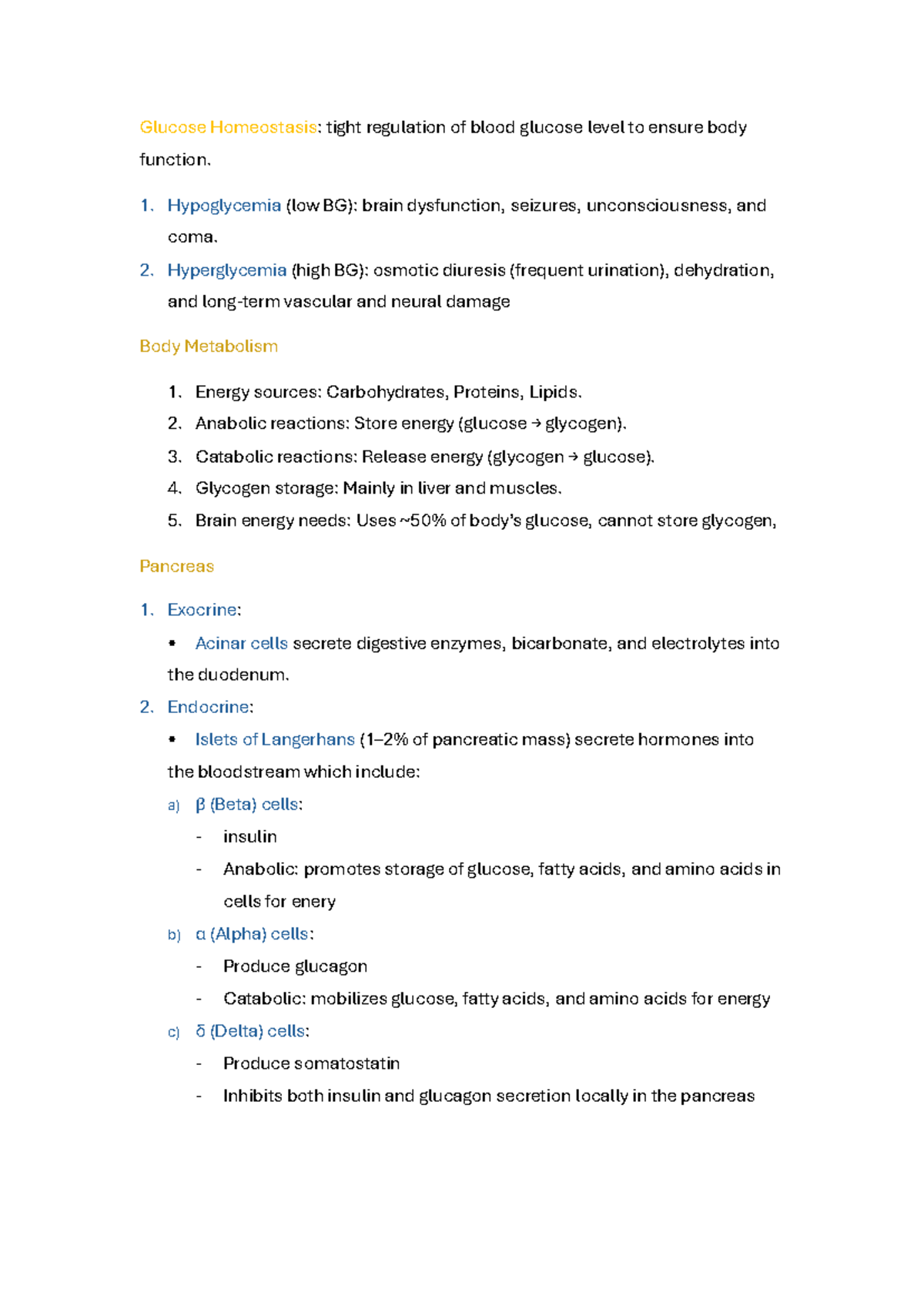 2101 W5 - Glucose Homeostasis and Diabetes Management Notes - Studocu