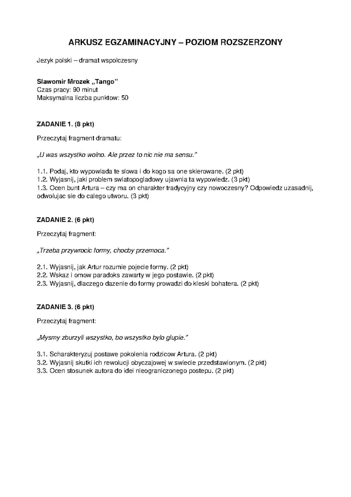 ARKUSZ EGZAMINACYJNY CKE: Tango Mrozek - Dramat Współczesny - Studocu