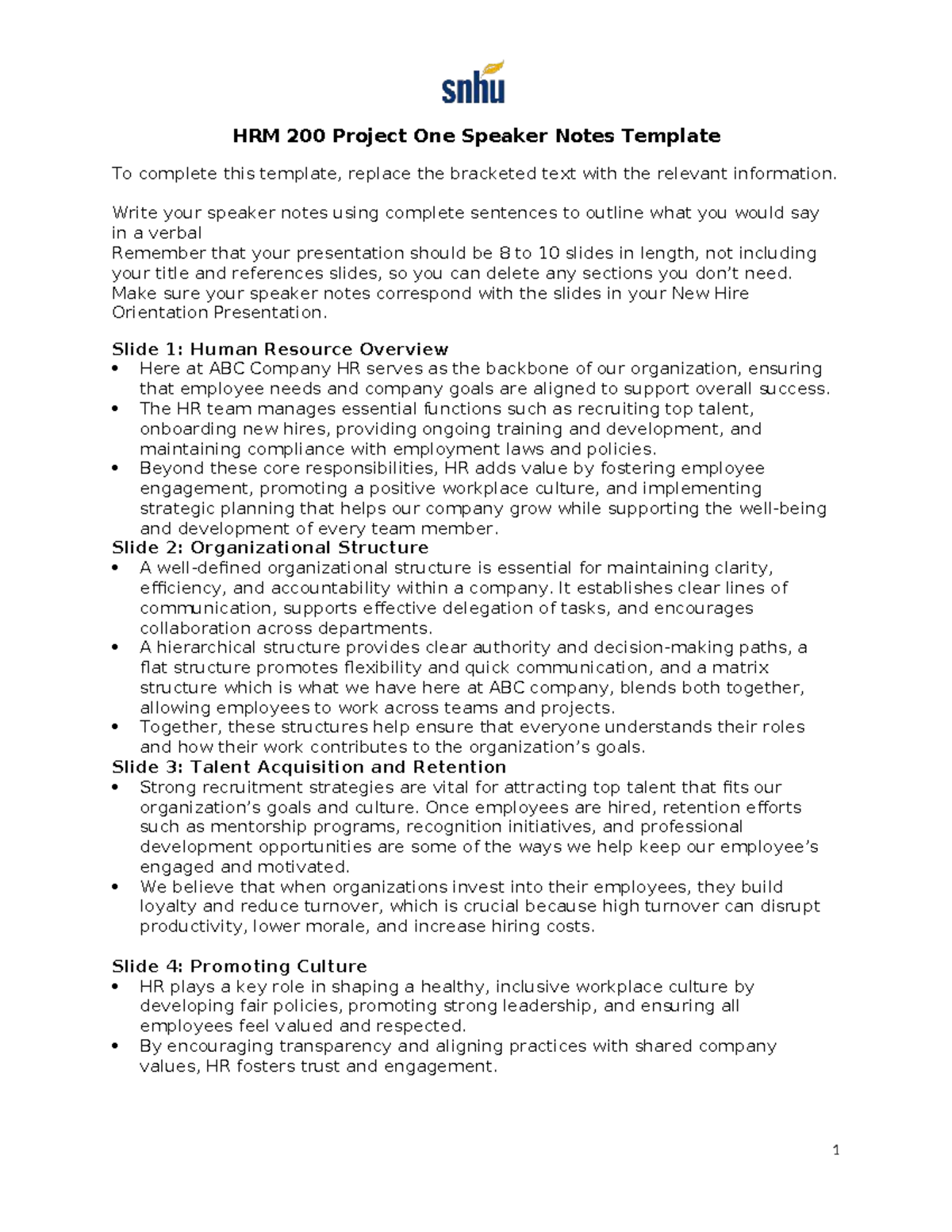 HRM 200 Project One: Speaker Notes for New Hire Orientation - Studocu