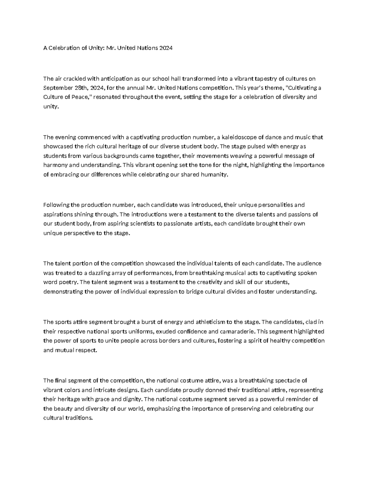 Celebration of Unity: Narrative Report on Mr. United Nations 2024 - Studocu