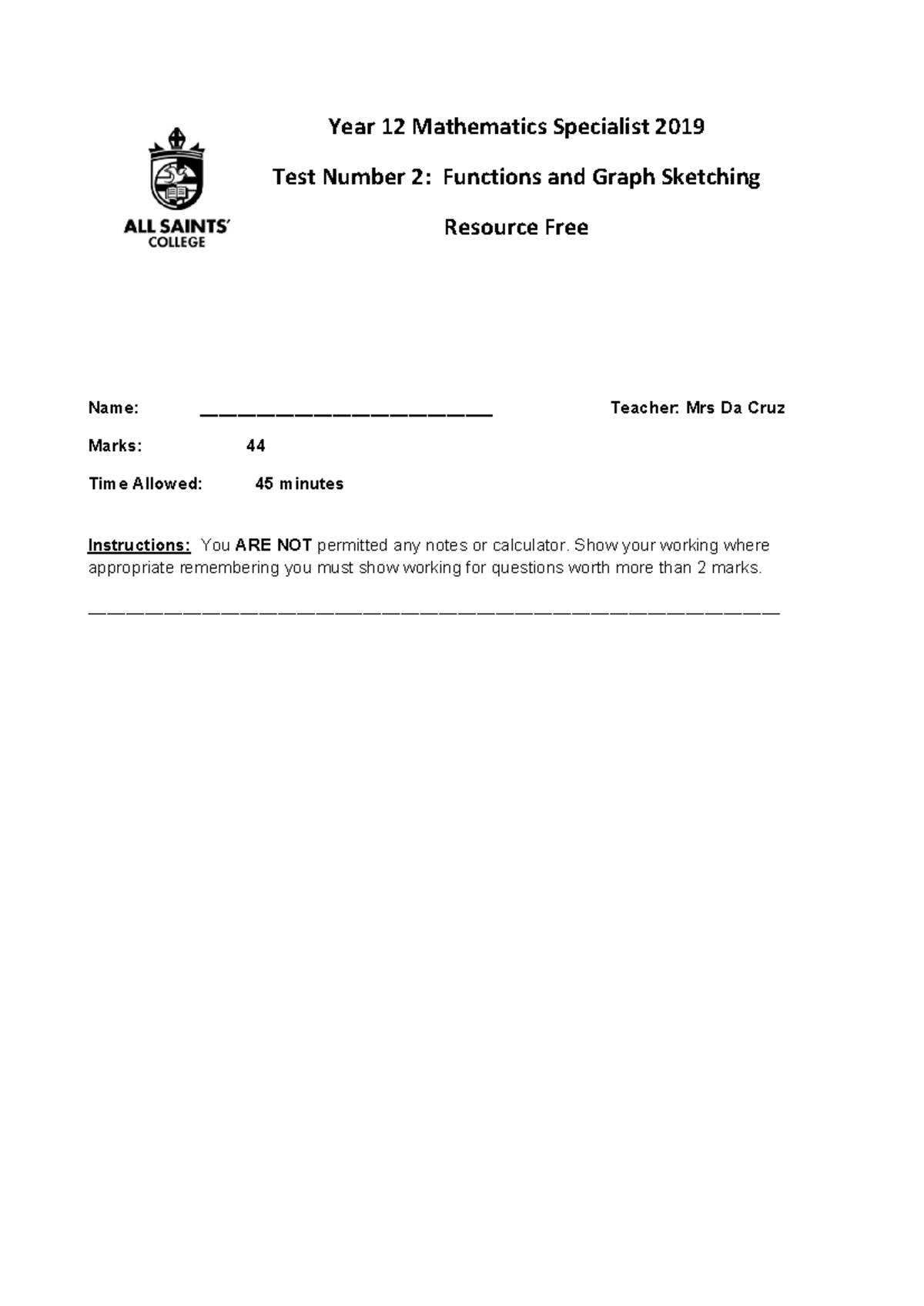 Year 12 Mathematics Specialist 2019 Test 2: Functions & Graphs - Studocu