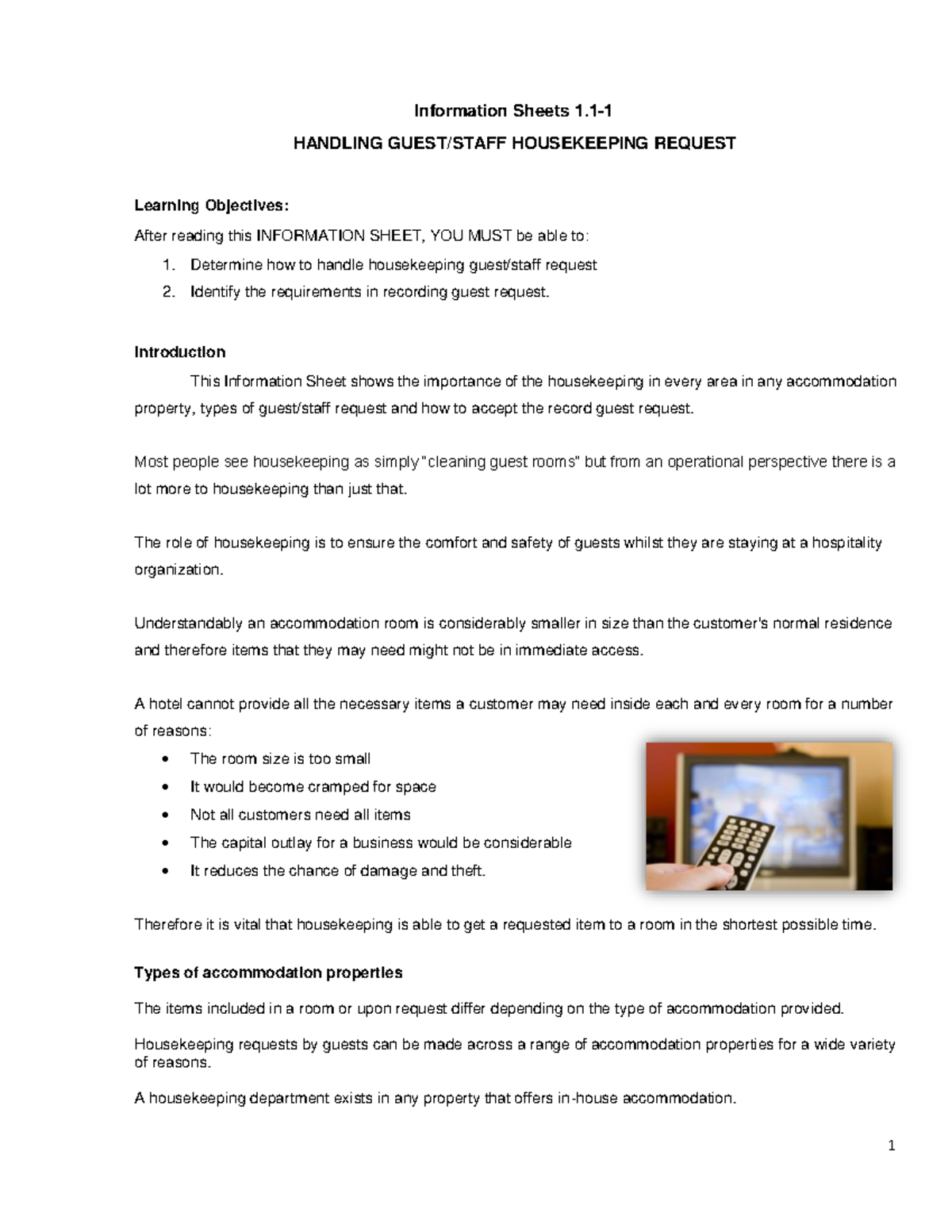 LO 1 - Guidelines for Handling Housekeeping Requests Efficiently - Studocu