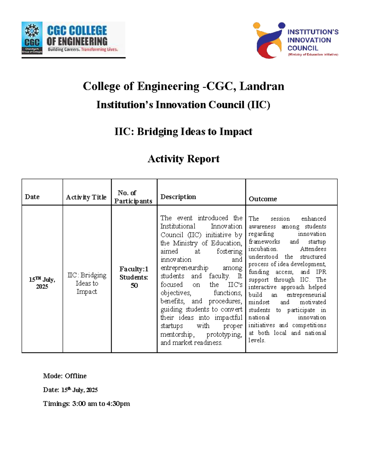IIC Activity Report: Bridging Ideas to Impact - July 2025 - Studocu