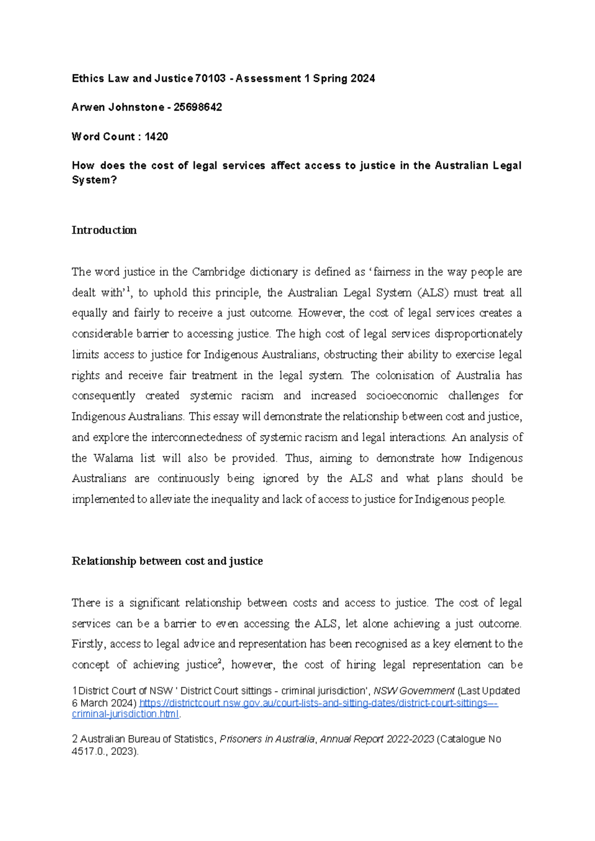 70103 Assessment 1: Cost of Legal Services & Access to Justice in ...