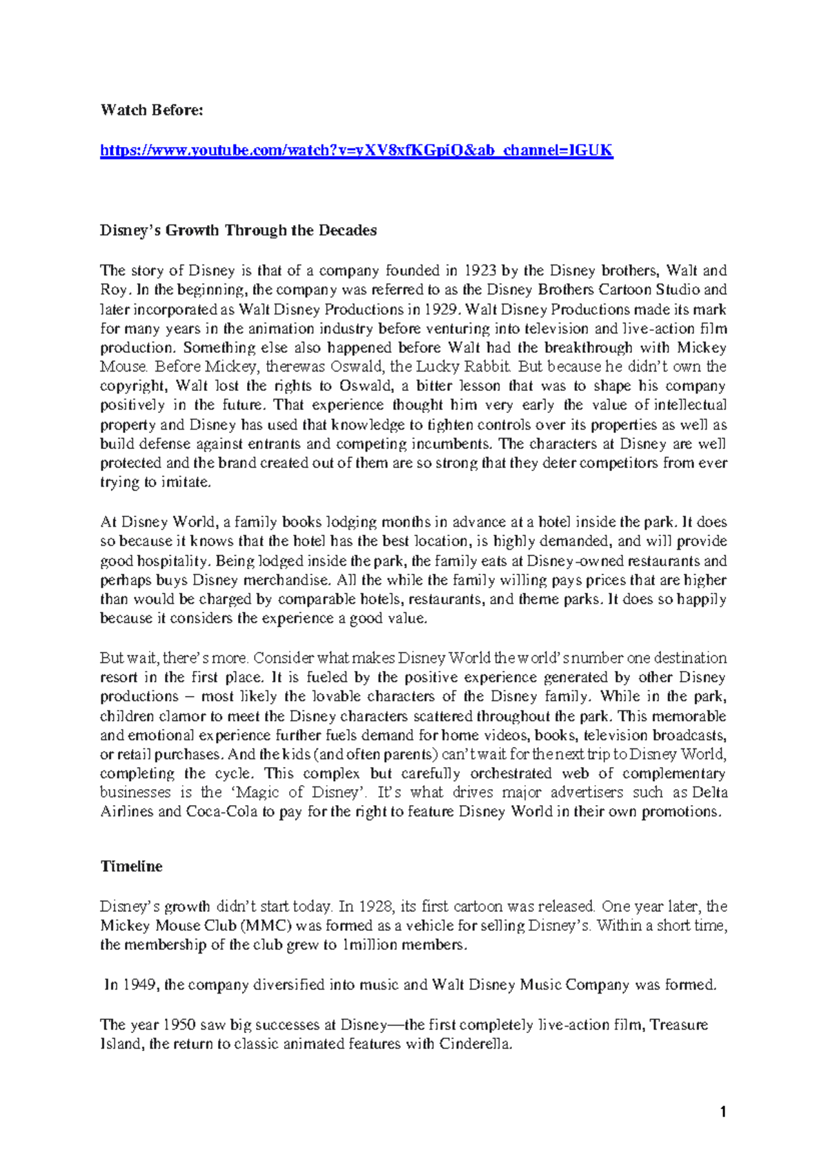Walt Disney Case Study - Strategic Growth Over the Decades - Studeersnel