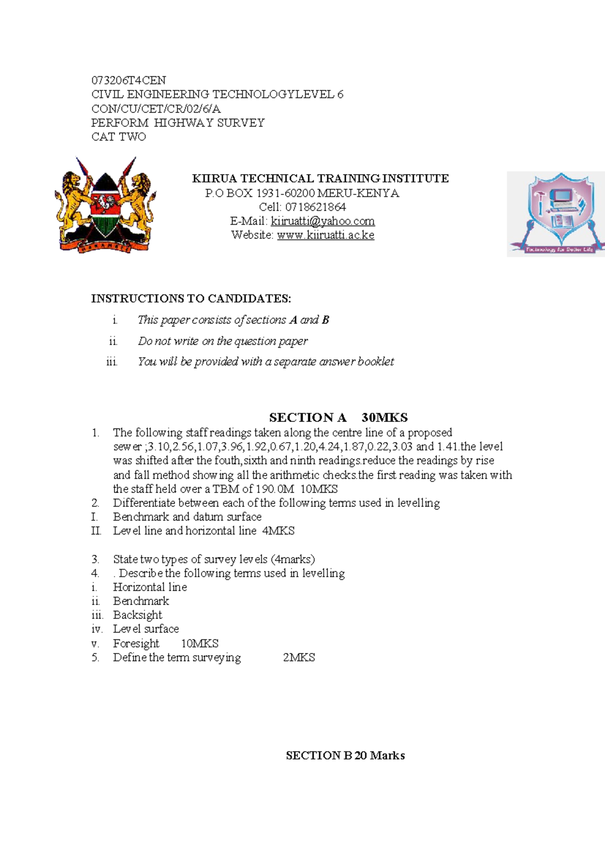 073206T4CEN Civil Engineering Level 6: Highway Survey CAT TWO 2024 ...