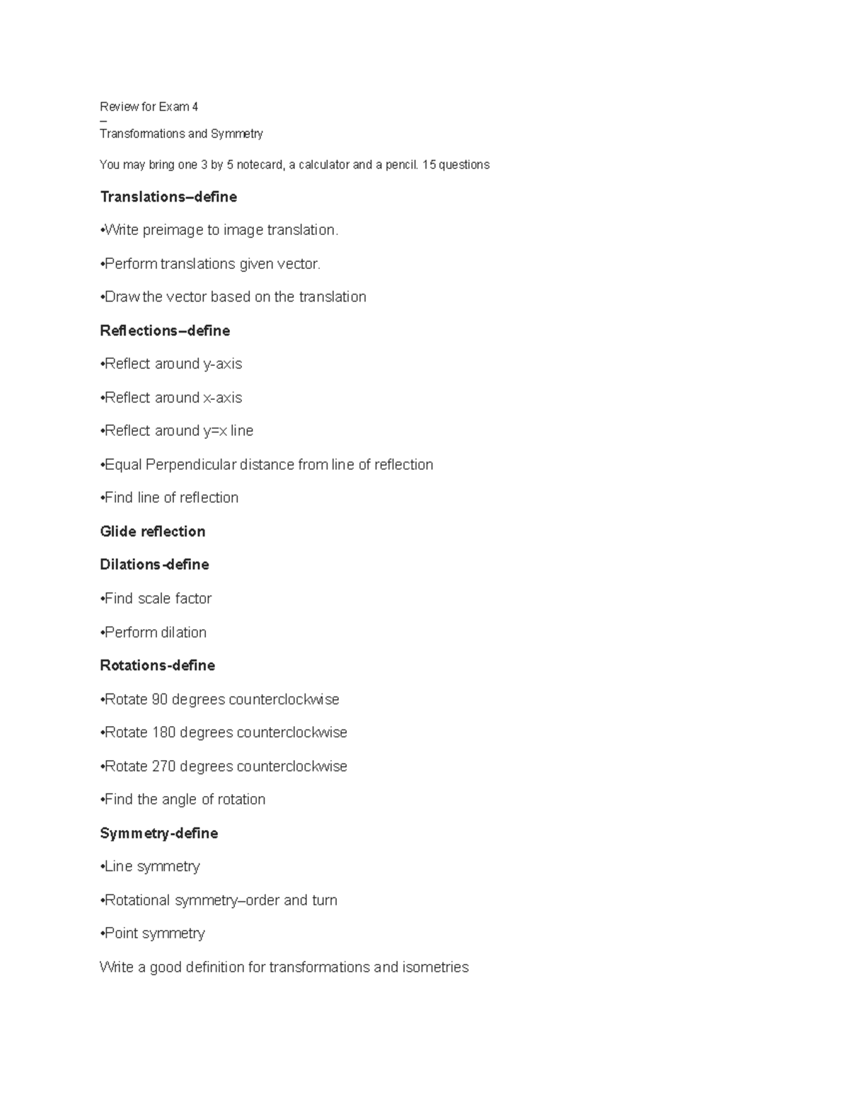 Review for Exam 4: Transformations and Symmetry Concepts - Review for ...