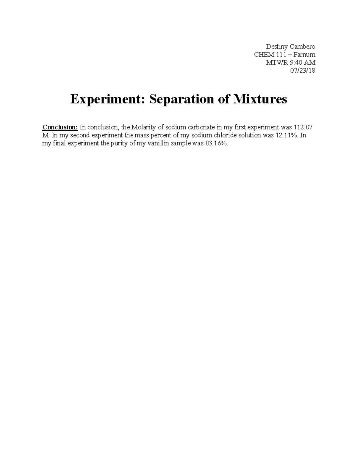 Separation of Mixtures Lab Report - CHEM 111 Experiment Analysis - Studocu