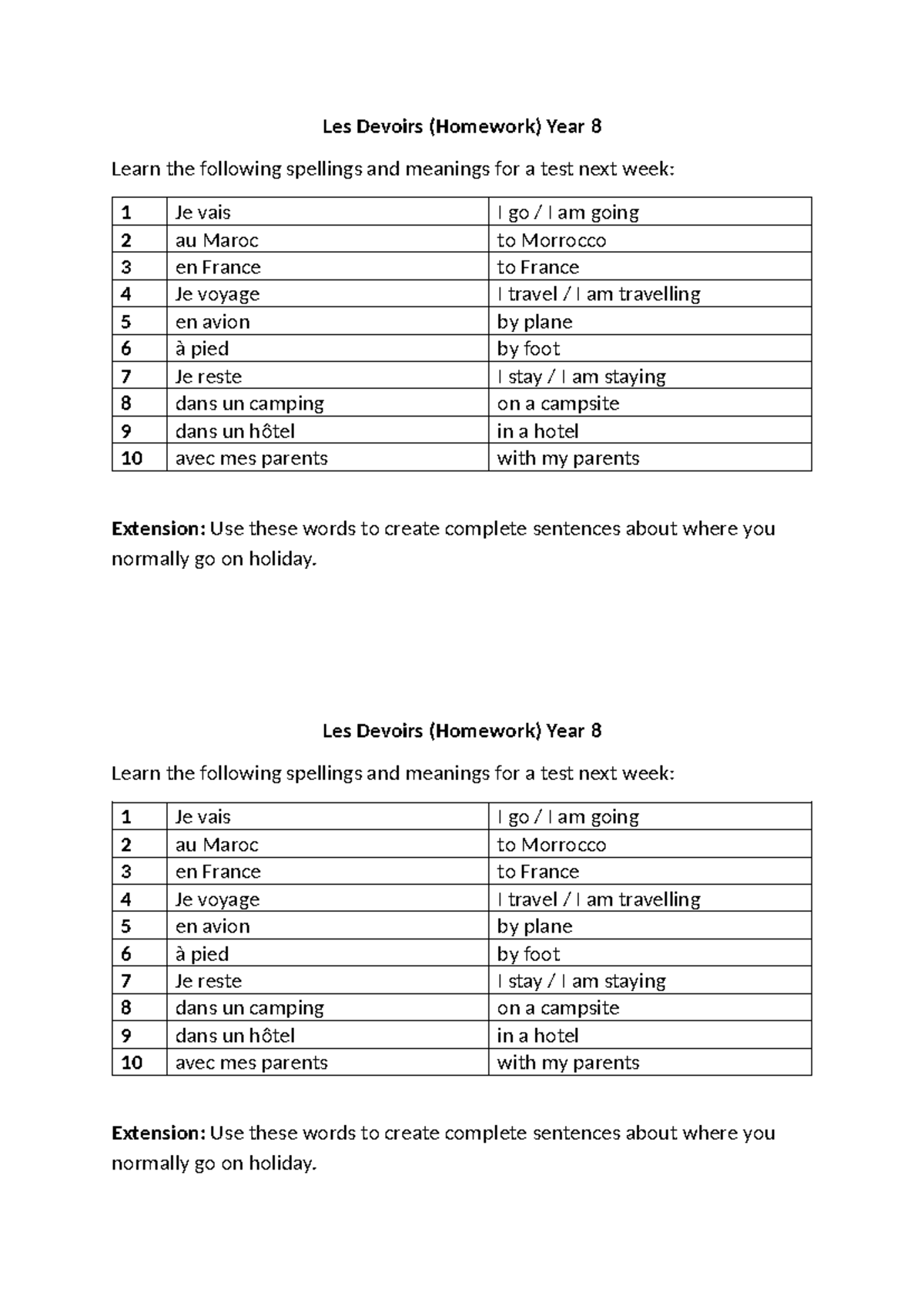 Y8 French Homework: Spellings & Meanings for Test - Studocu