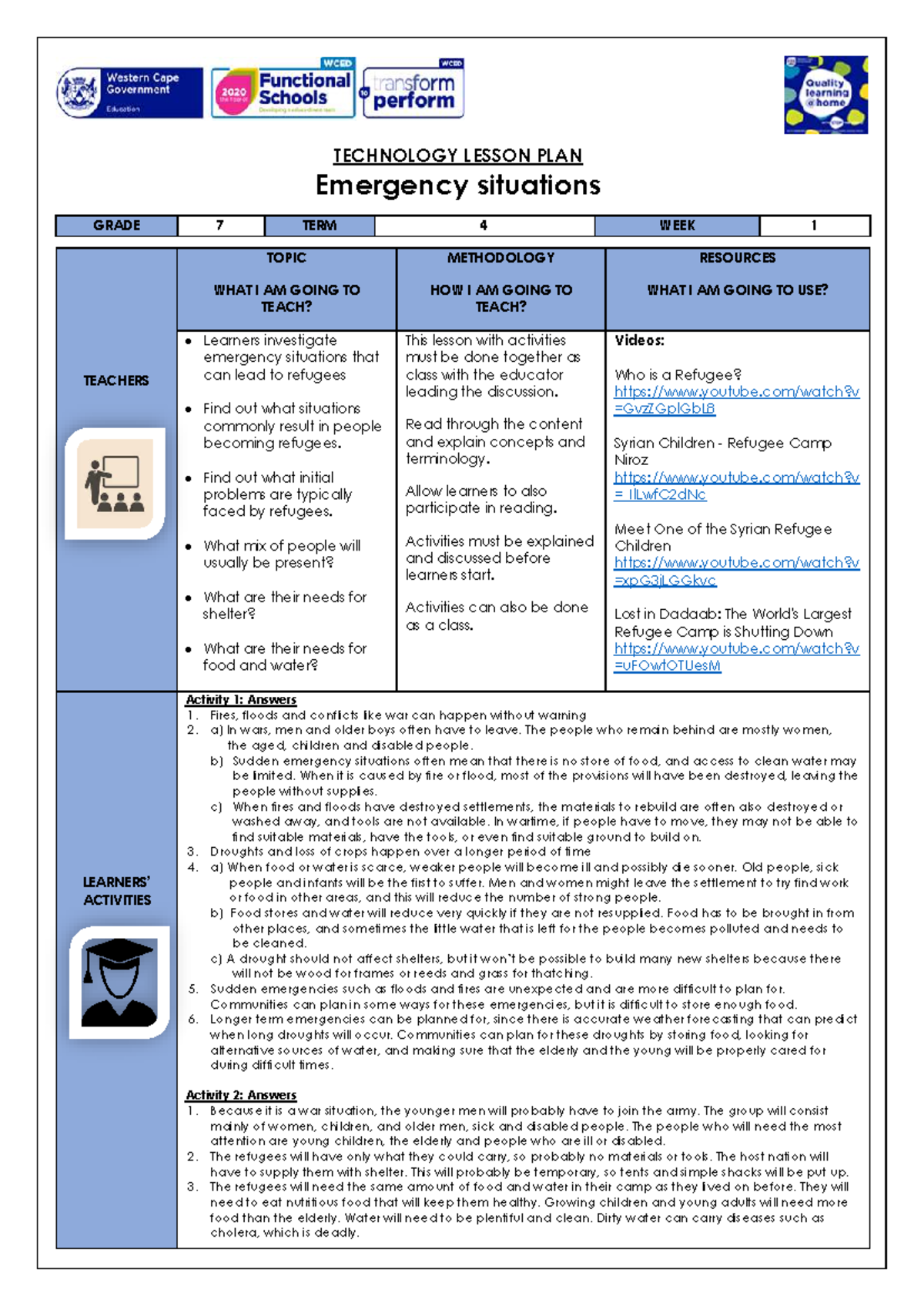 Lesson Plan: Gr 7 Technology T4 W1 - Emergency Situations & Refugees ...