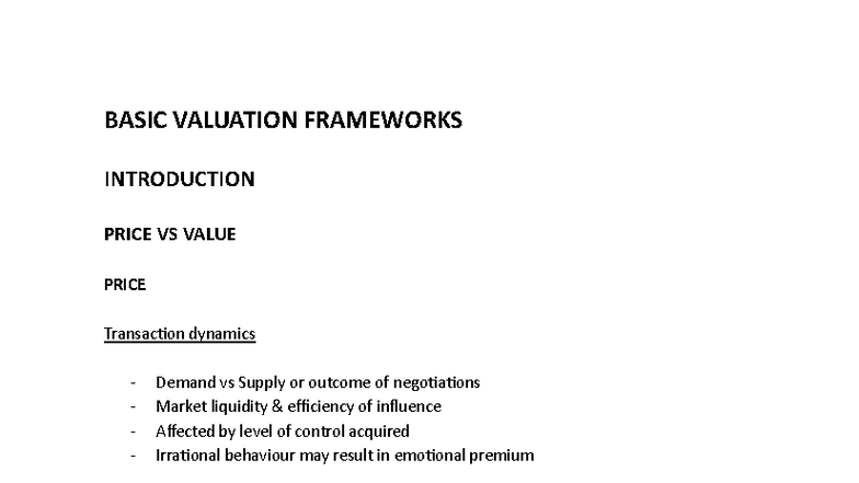 BASIC VALUATION FRAMEWORKS: PRICE VS VALUE ANALYSIS - Studeersnel